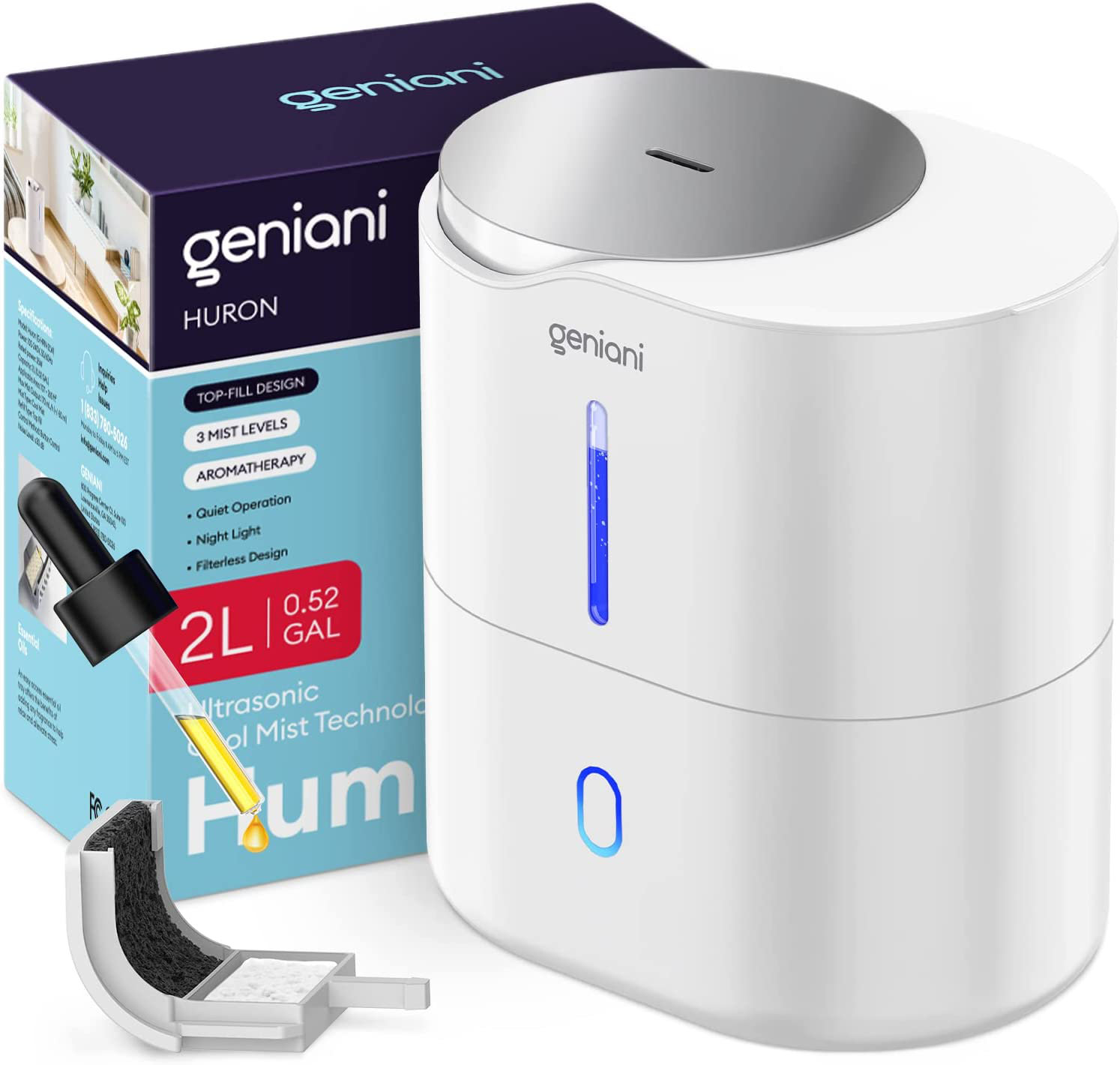 Geniani Top Fill 2l Cool Mist Large Humidifier & Essential Oil Diffuser ...