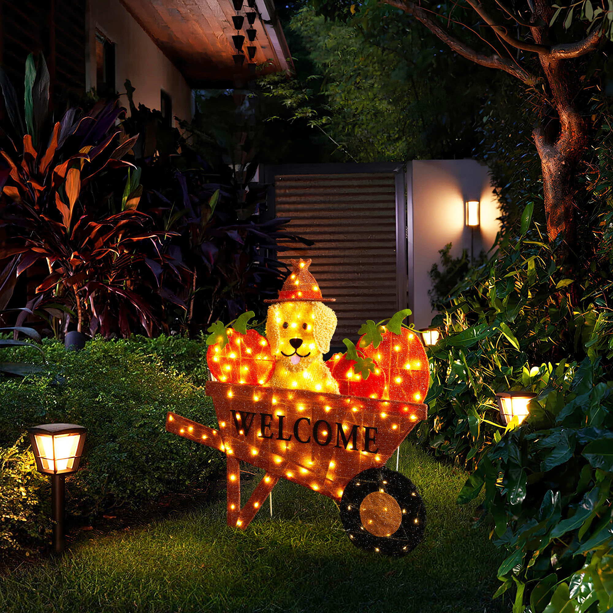 The Holiday Aisle® 36.25“L Lighted Fall Pumpkin Wheel Barrow With ...