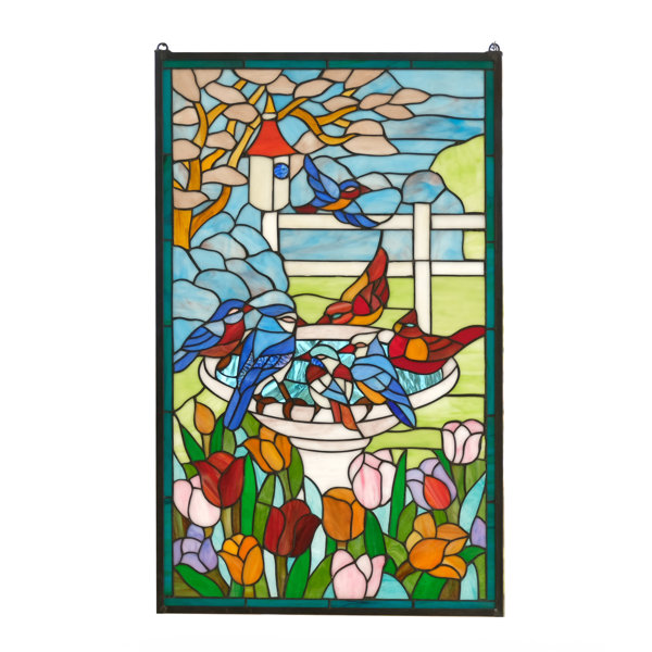 Red Barrel Studio® Stained Glass Bird Bath with Flowers Window Panel ...