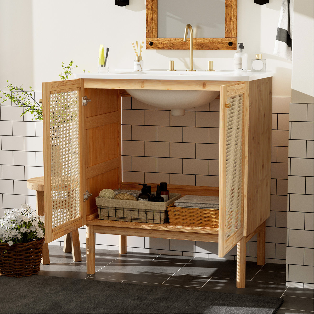 Bay Isle Home™ Natural Bamboo Bathroom Vanity With Handmade Rattan ...