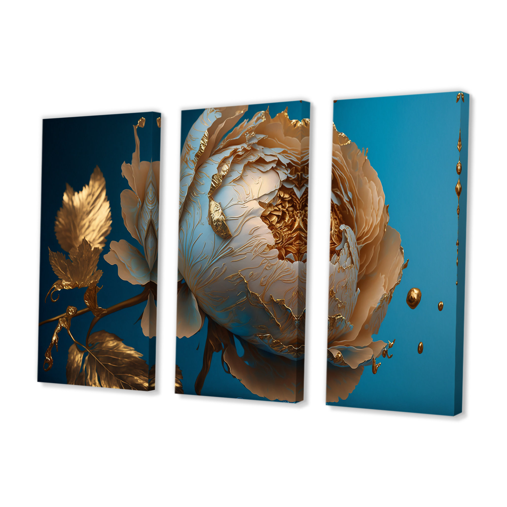 Red Barrel Studio® Ice Blue And Gold Peony I - 3 Piece Print on Canvas ...