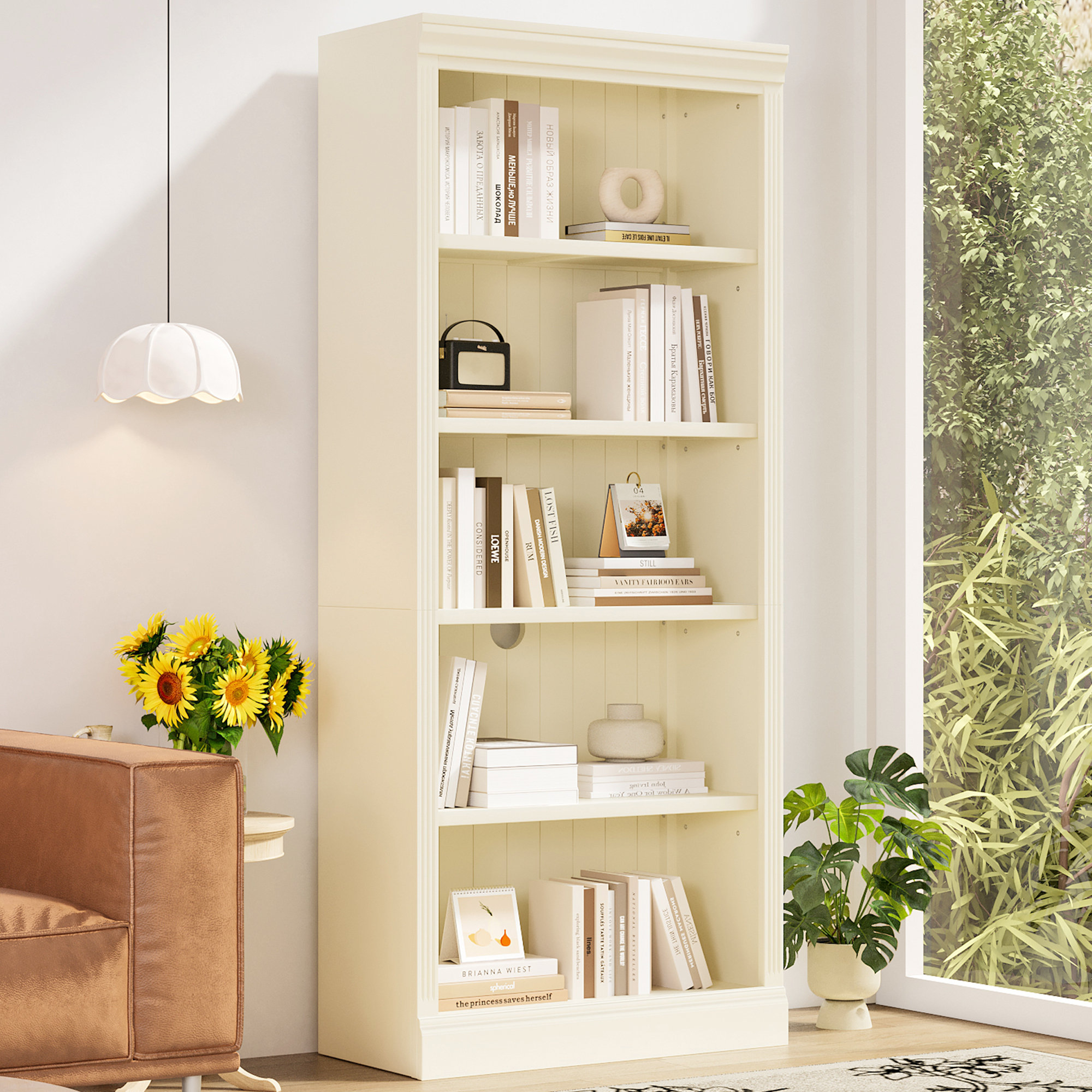 Orren Ellis 83.4"H Standard Wood Bookcase With LED Strip, 5 Tiers Floor ...