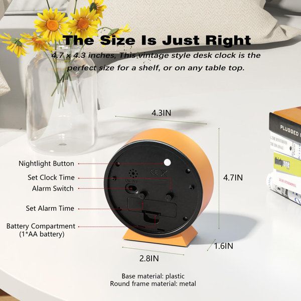 Latitude Run® 4.5" Analog Alarm Clock,Small Retro Desk Clock Battery ...
