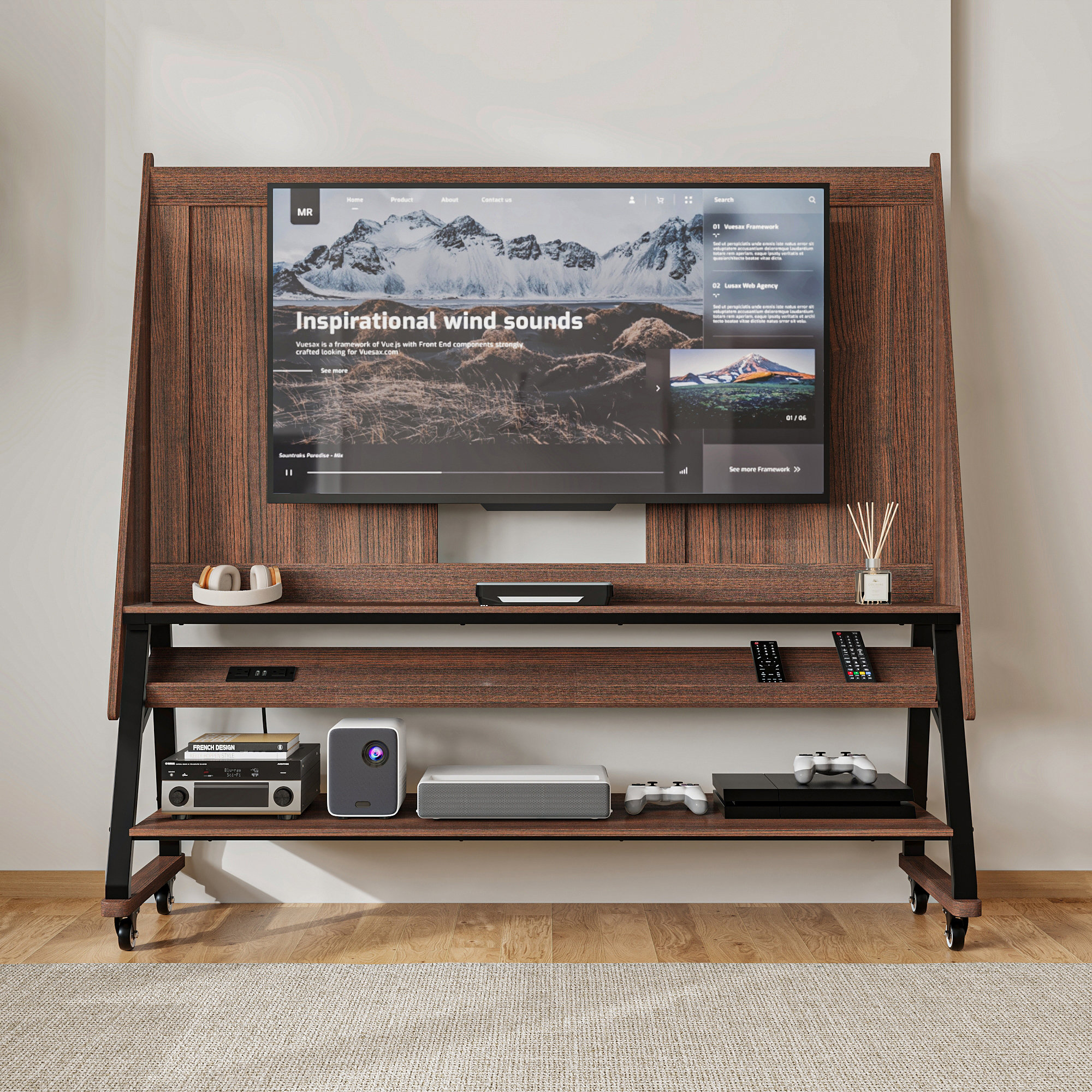 Latitude Run® 60'' W 4-Wheel TV Stand Media Console With Socket And TV ...