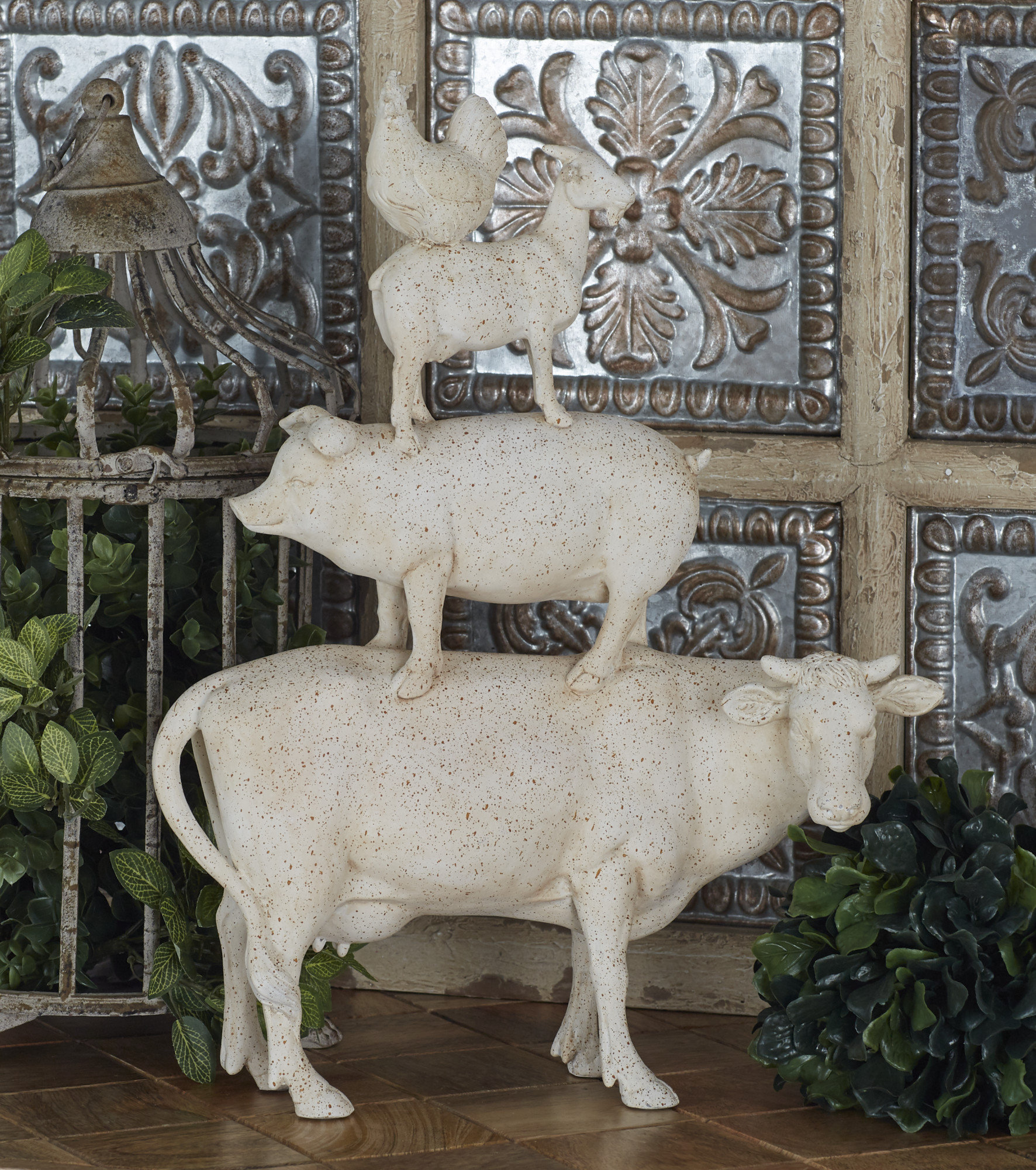 Gracie Oaks Crayton Polystone Stacked Farm Animals White Decorative ...