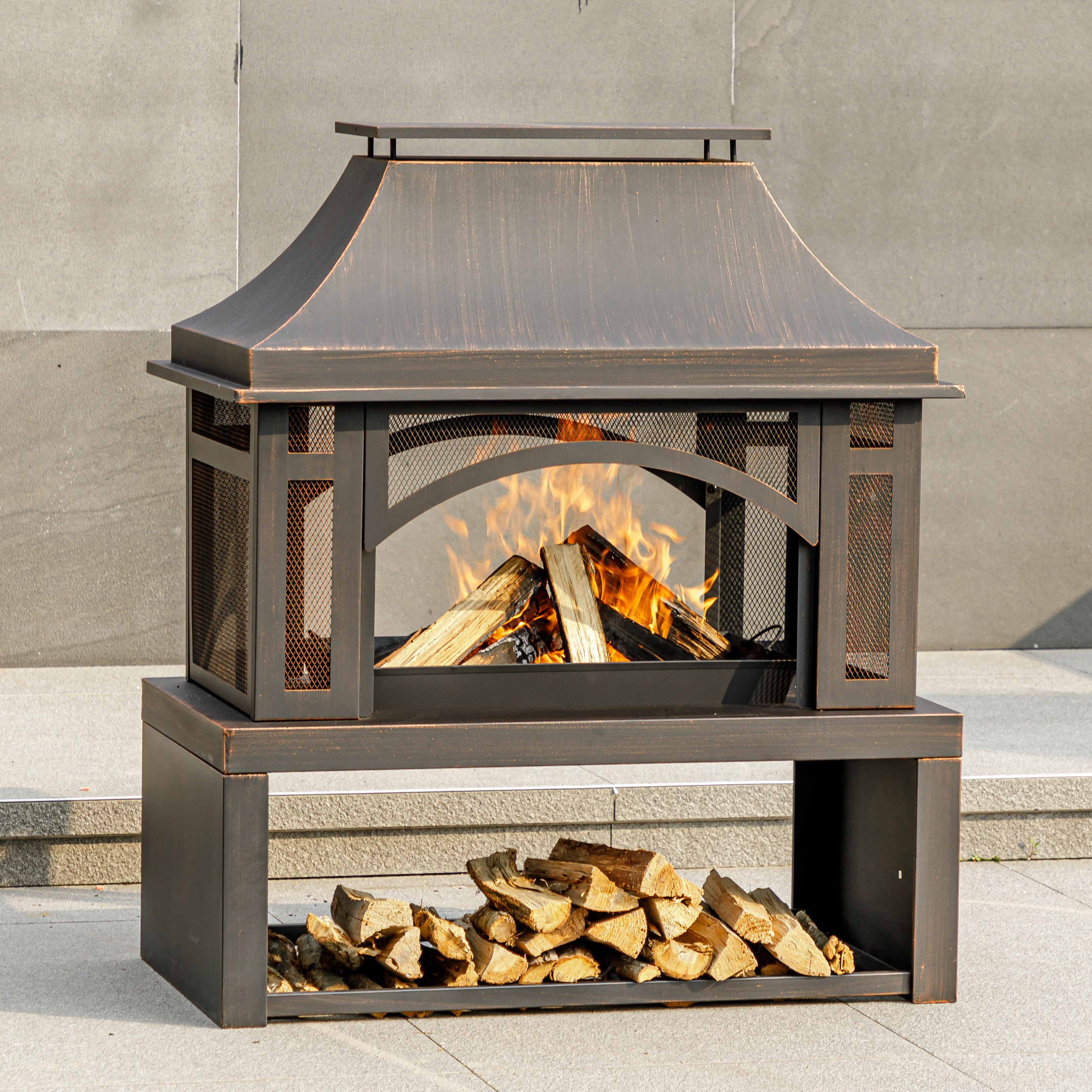 Ebern Designs Outdoor Wood Burning Fire Pit Fireplace with Log Rack ...