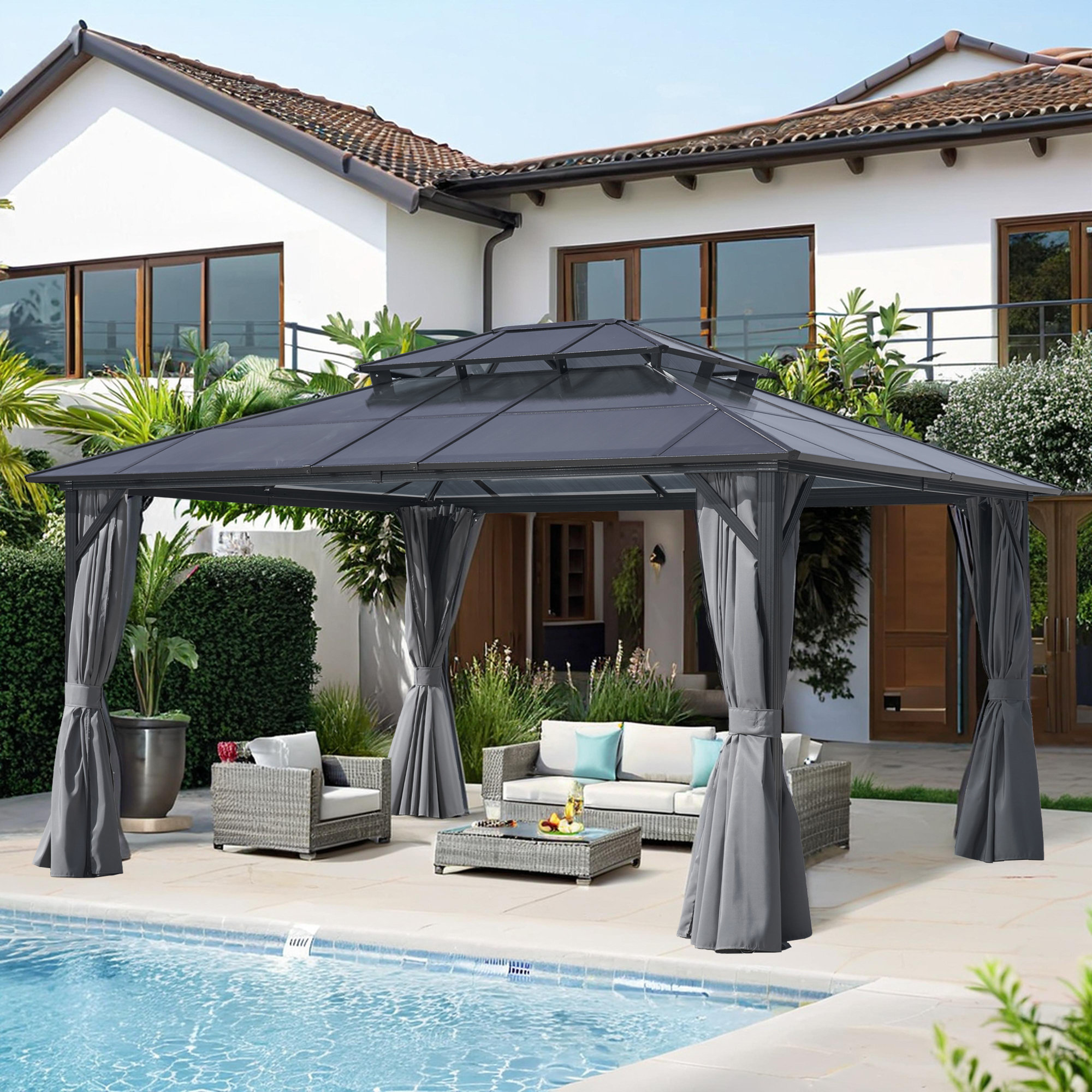 NFusion Jayson Patio Hardtop Gazebo with Double Roof & Curtains ...