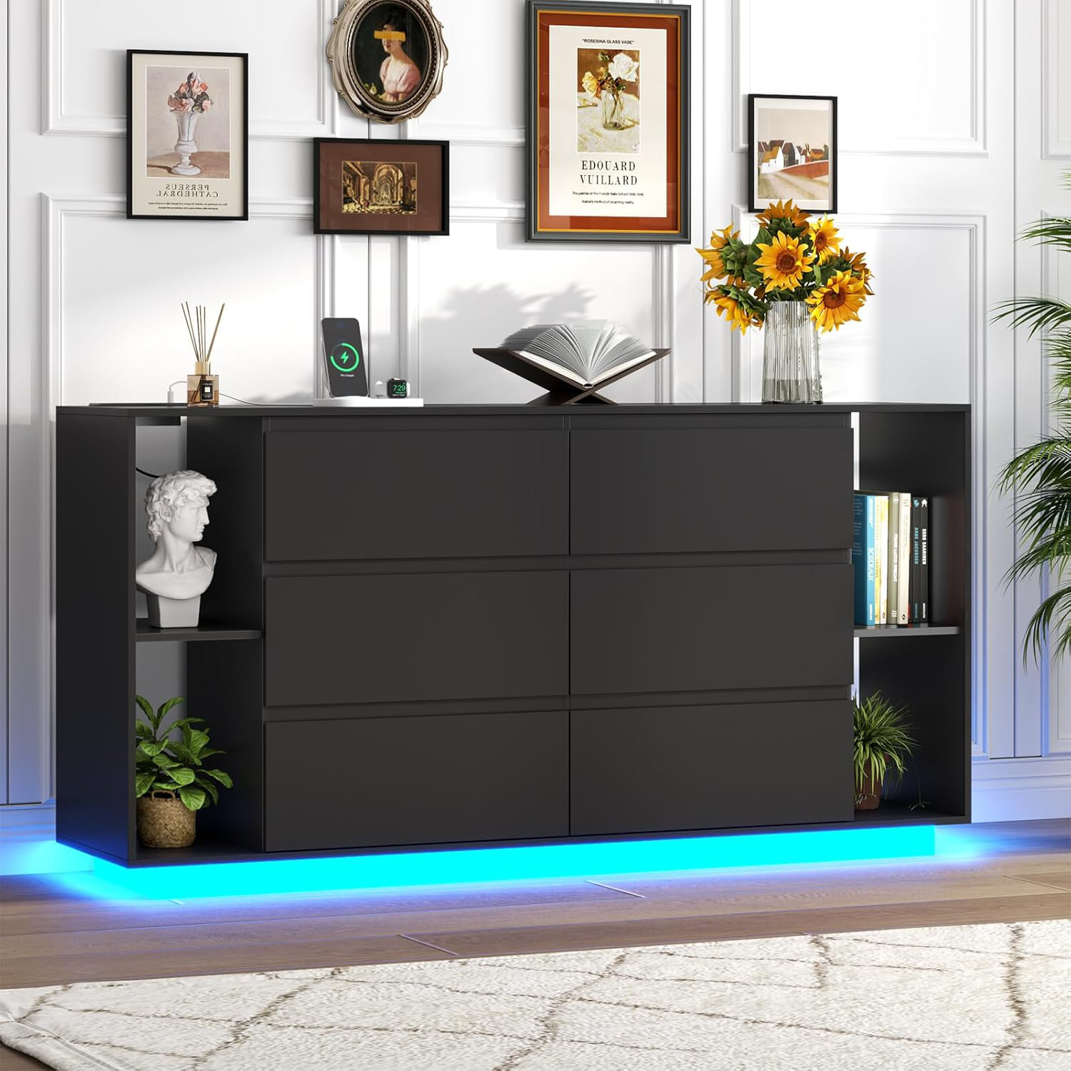 Wrought Studio™ 6 Drawer Double Dresser With Storage Shelves | Wayfair