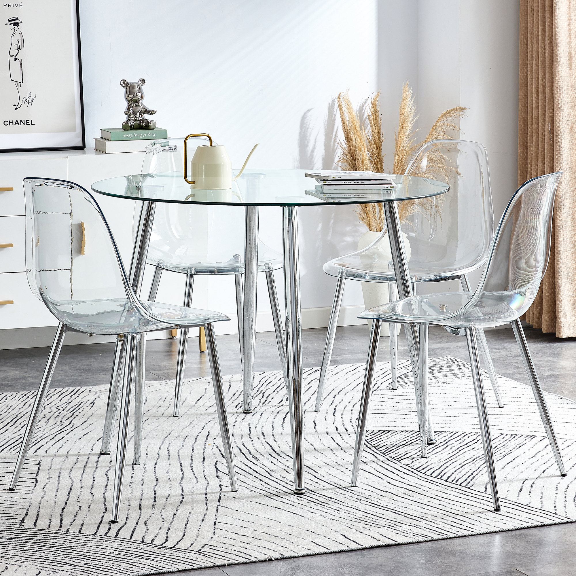 Ivy Bronx Stylish Glass Dining Table And Chair Set Transparent Modern ...