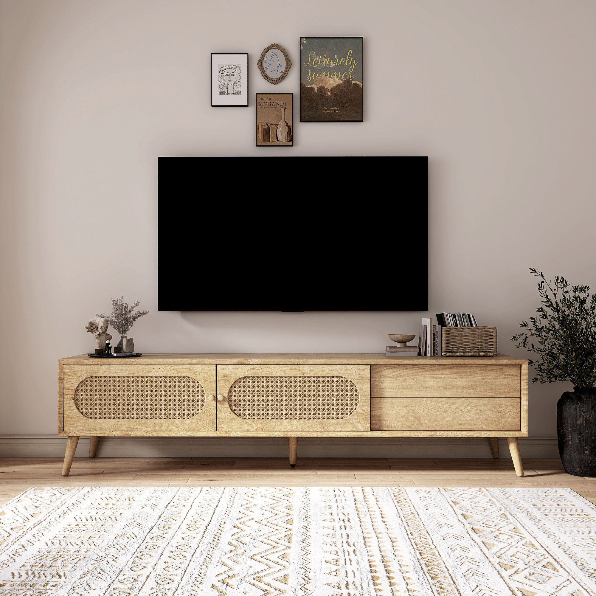 Bay Isle Home™ Modern Farmhouse TV Stand With Sliding Rattan Decorated ...