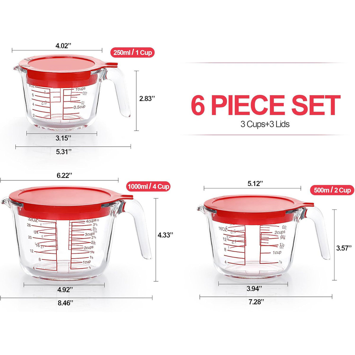 Toledo Bath & Kitchen 6 Pcs Glass Measuring Cups With Lids Set, 1-Cup ...