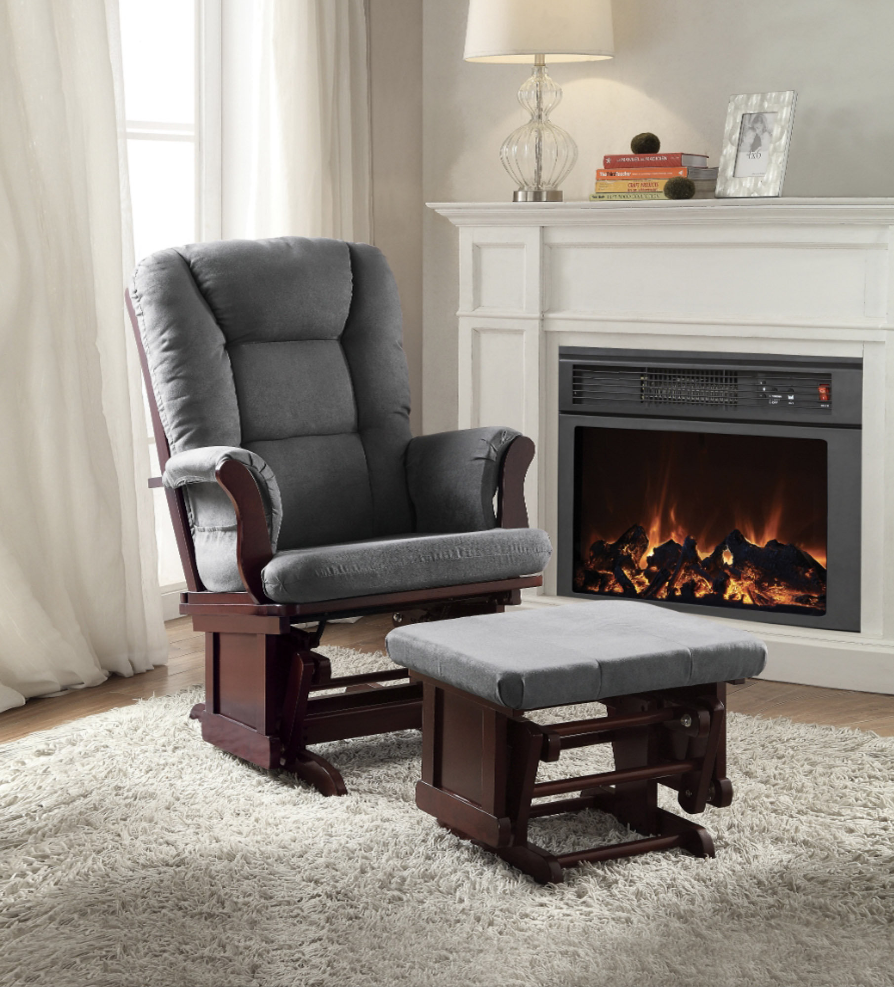 Red Barrel Studio® Gray Microfiber & Cherry Finish Glider Chair With ...