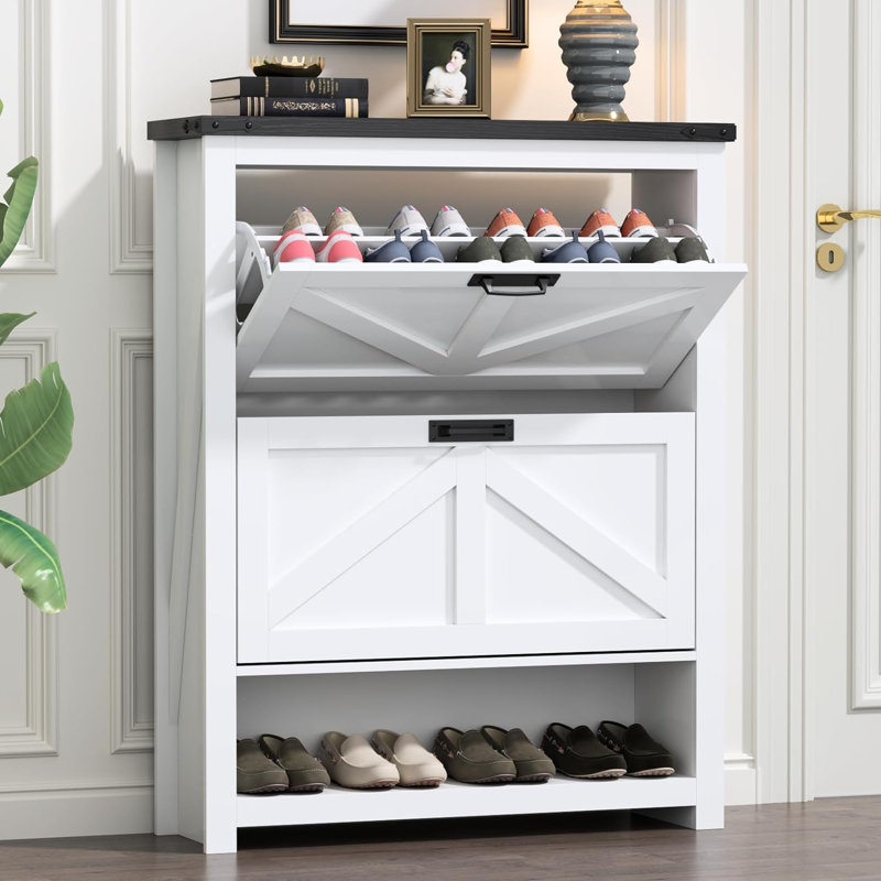 Gracie Oaks Farmhouse Shoe Cabinet, Free Standing Tipping Bucket Shoe ...