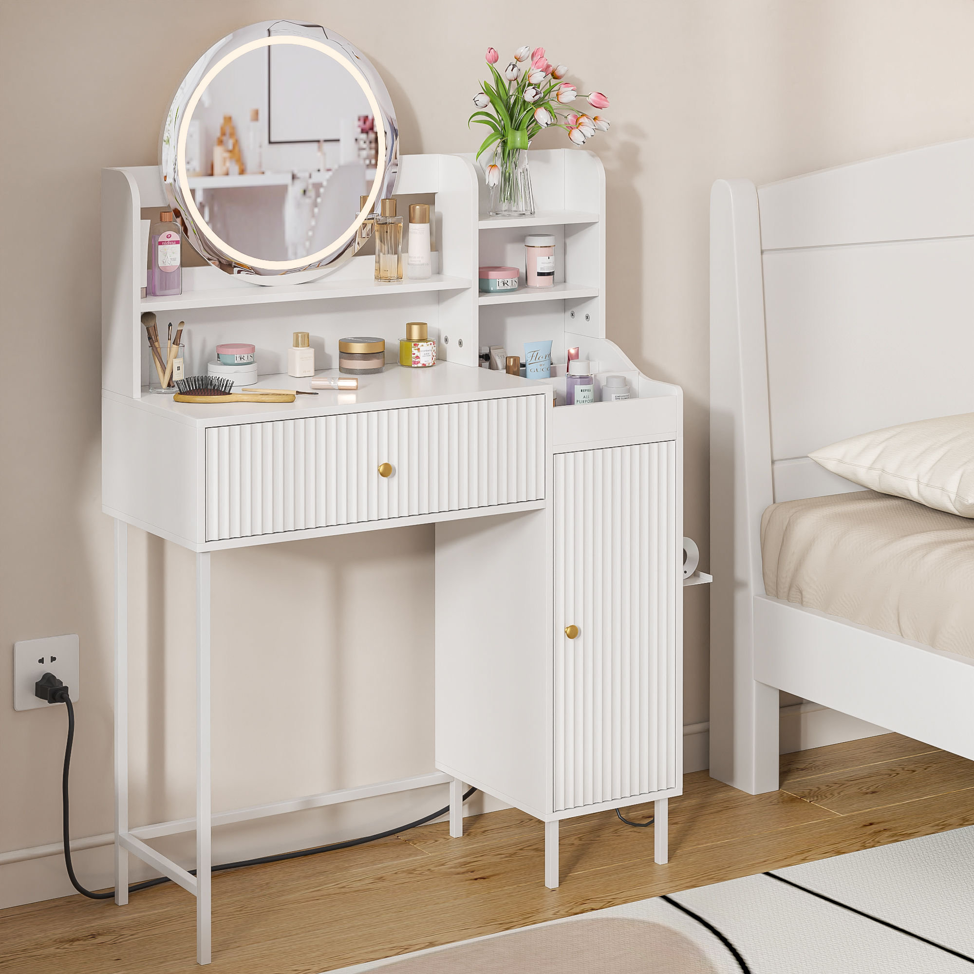 Ivy Bronx Reseta Makeup Vanity Desk with LED Light Mirror, Drawer, USB ...