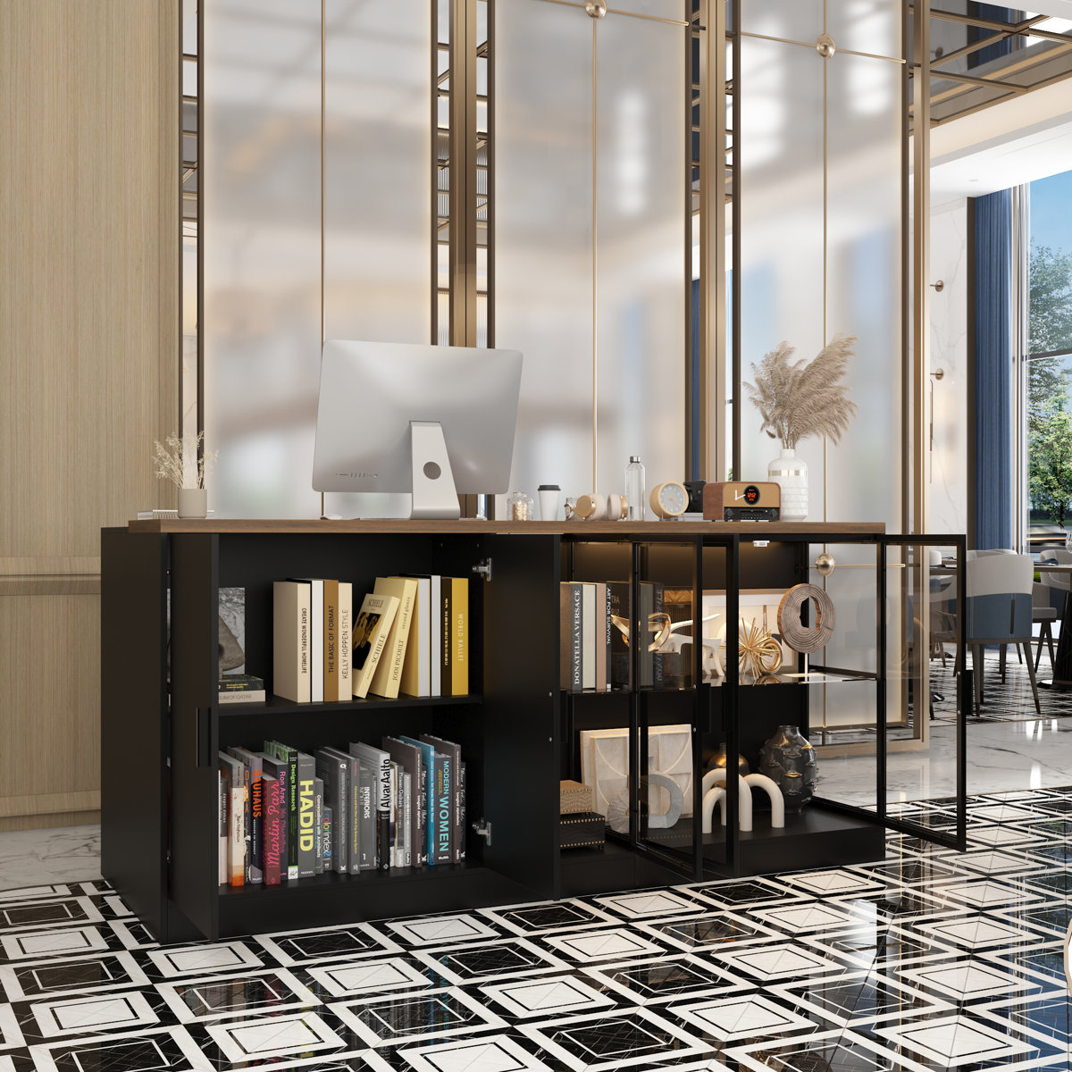 Winston Porter Modern Reception Counter Desk With Tempered Glass ...