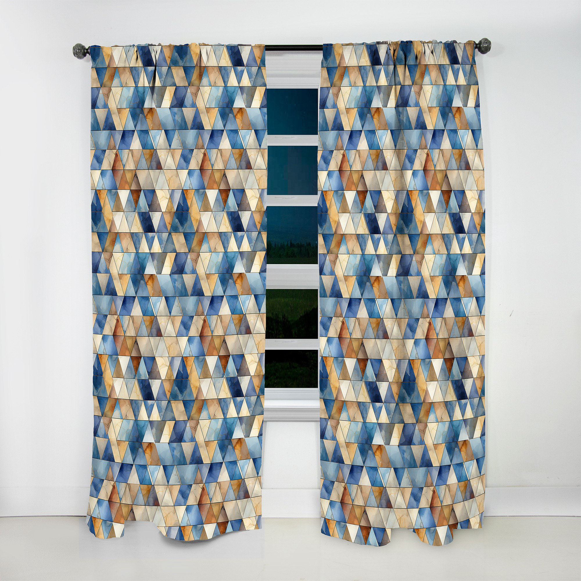 Design Art Beige And Blue Triangles Mosaic III - Modern Curtain ...