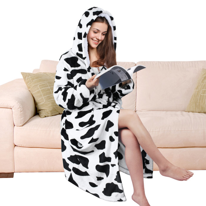 Catalonia Cow Print Women's Plush Fleece Long Robe with Hood, Warm ...