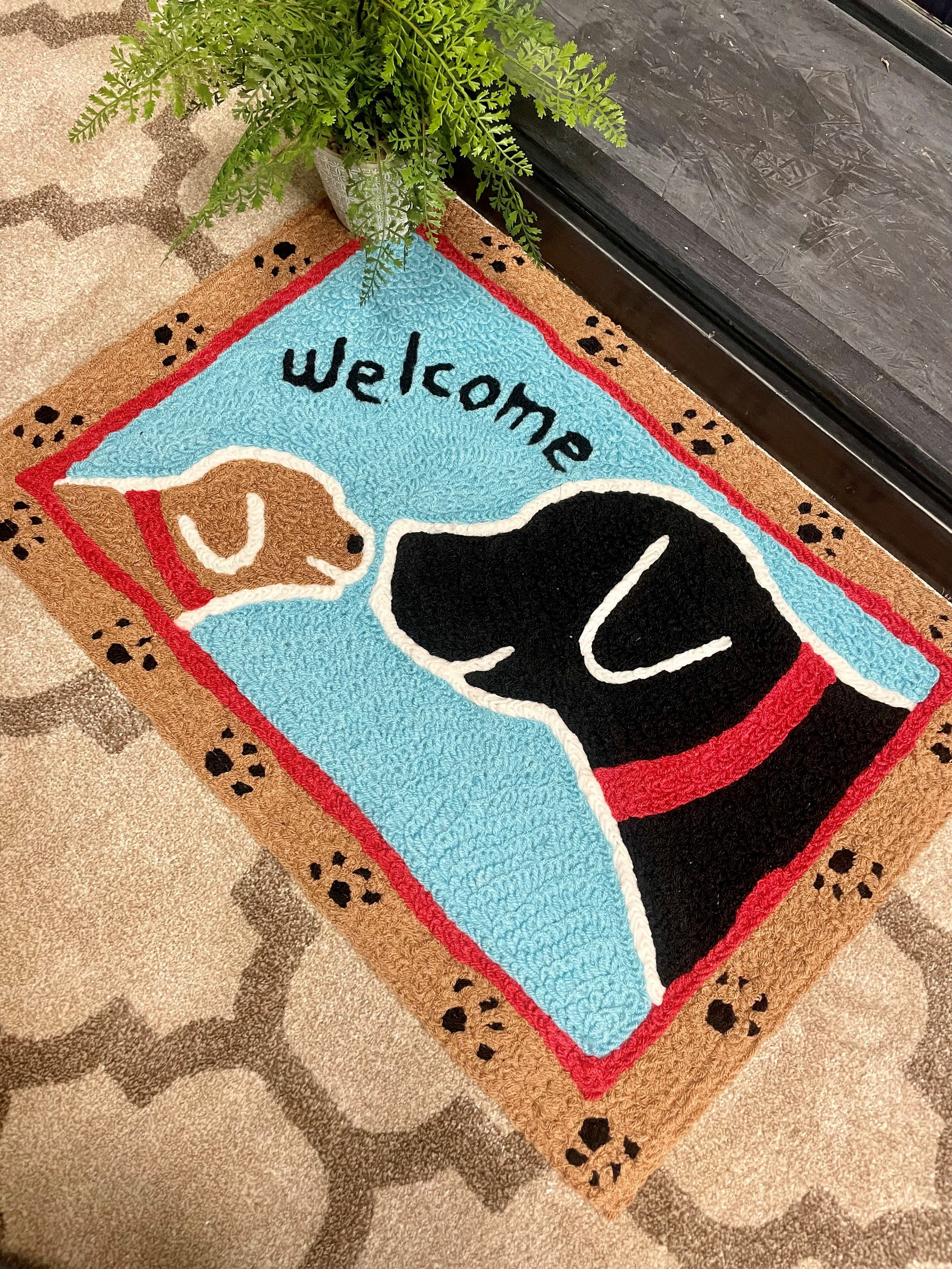 Winston Porter Ortonville Welcome Dogs Scatter Black/Blue Area Rug ...