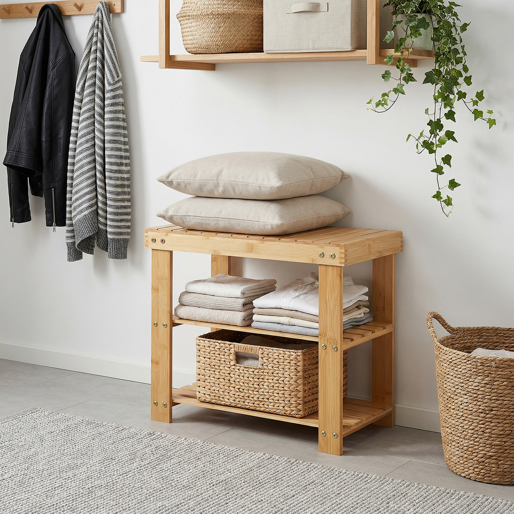 East Urban Home Small Shoe Bench, 3-Tier Bamboo Shoe Rack, Shoe Storage ...