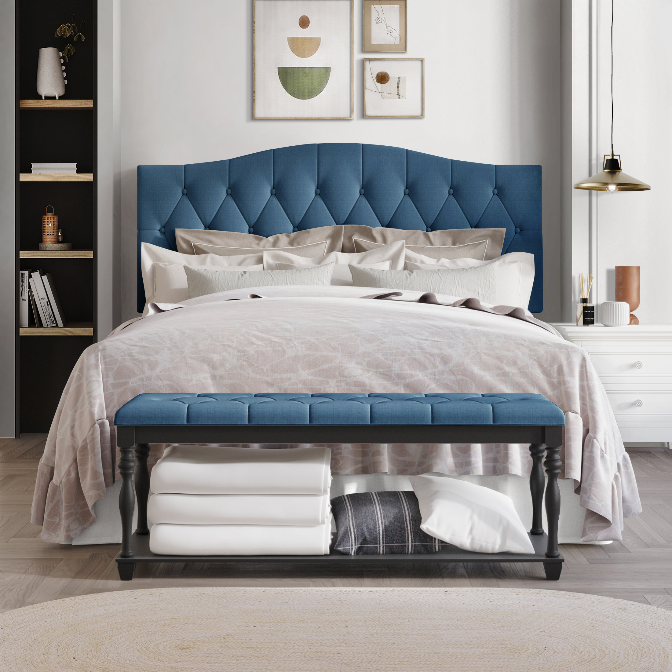 Winston Porter Jenese Curved Upholstered Bed with Storage Bench in ...
