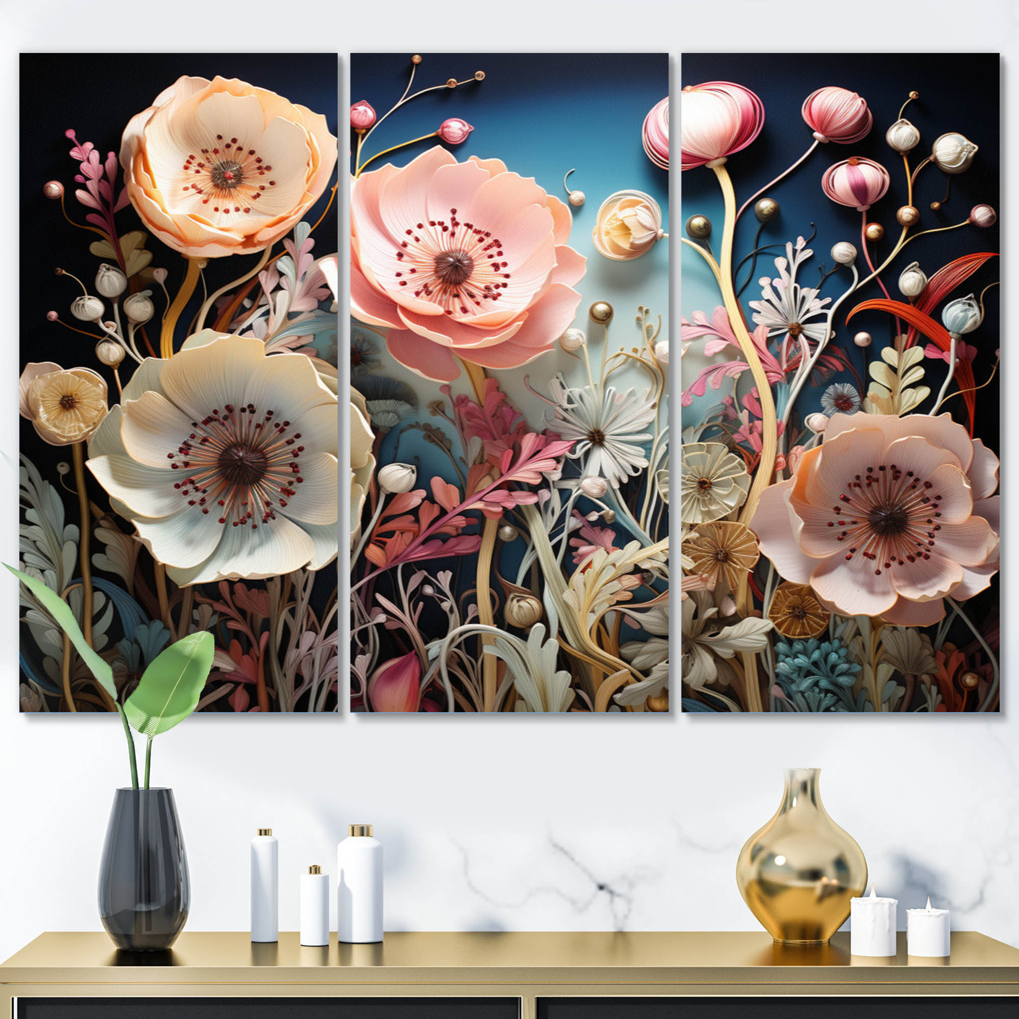 Winston Porter Blue Enchanted Gardens IV On Canvas 3 Pieces Print | Wayfair