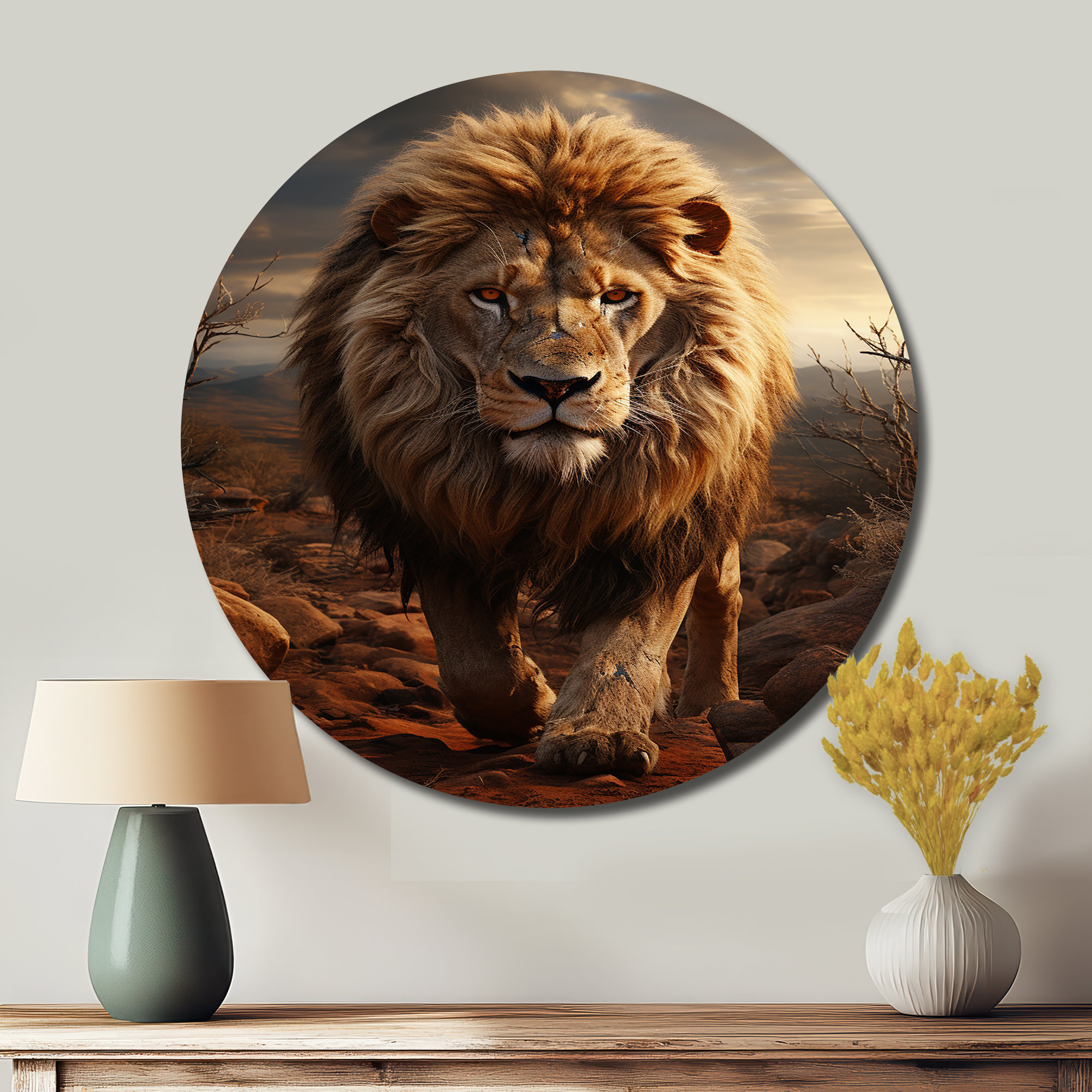 Design Art Animal Lion In Savan - Animals Round Metal Art | Wayfair