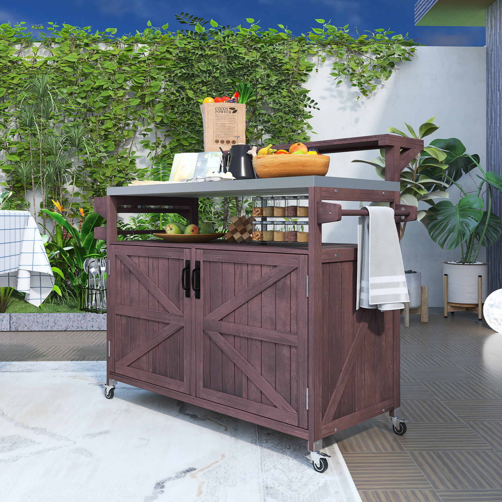 Gracie Oaks Outdoor Kitchen Island With Raised Shelf, Solid Wood ...