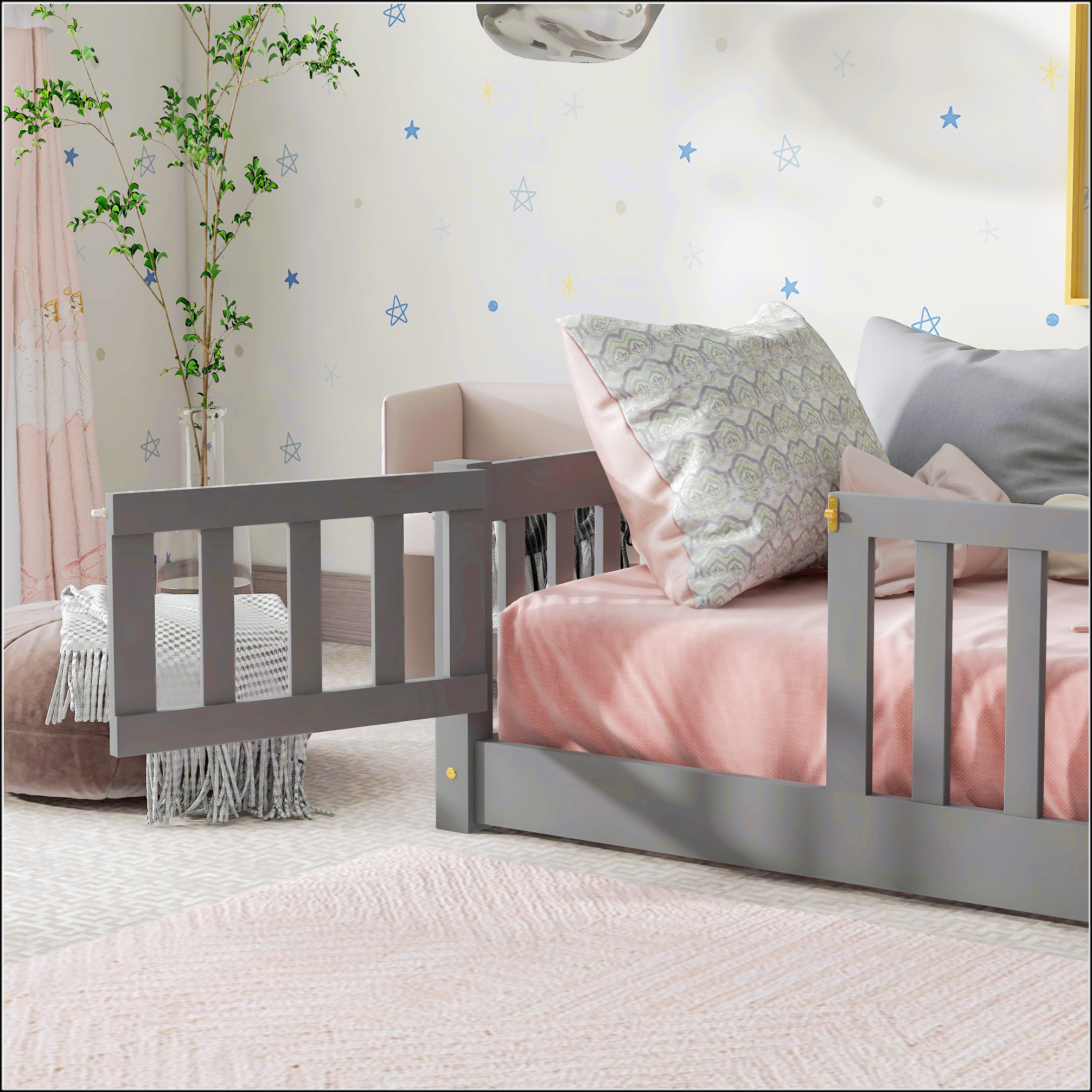Harriet Bee Sturdy And Stylish Twin Size Floor Platform Bed With Fence ...