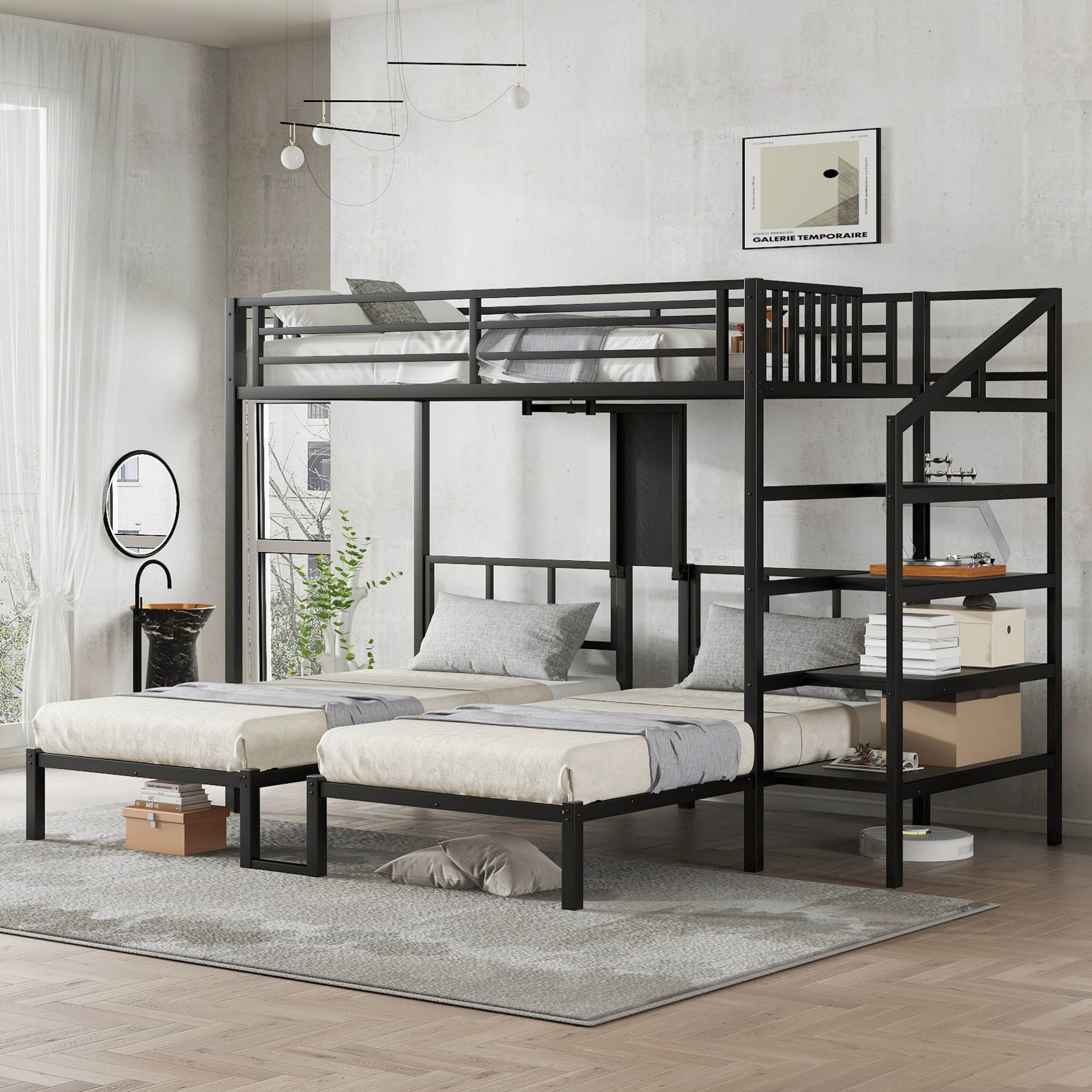 Isabelle & Max™ Full XL over Twin & Twin Triple Bunk Bed with Drawers, Desks and Shelves | Wayfair