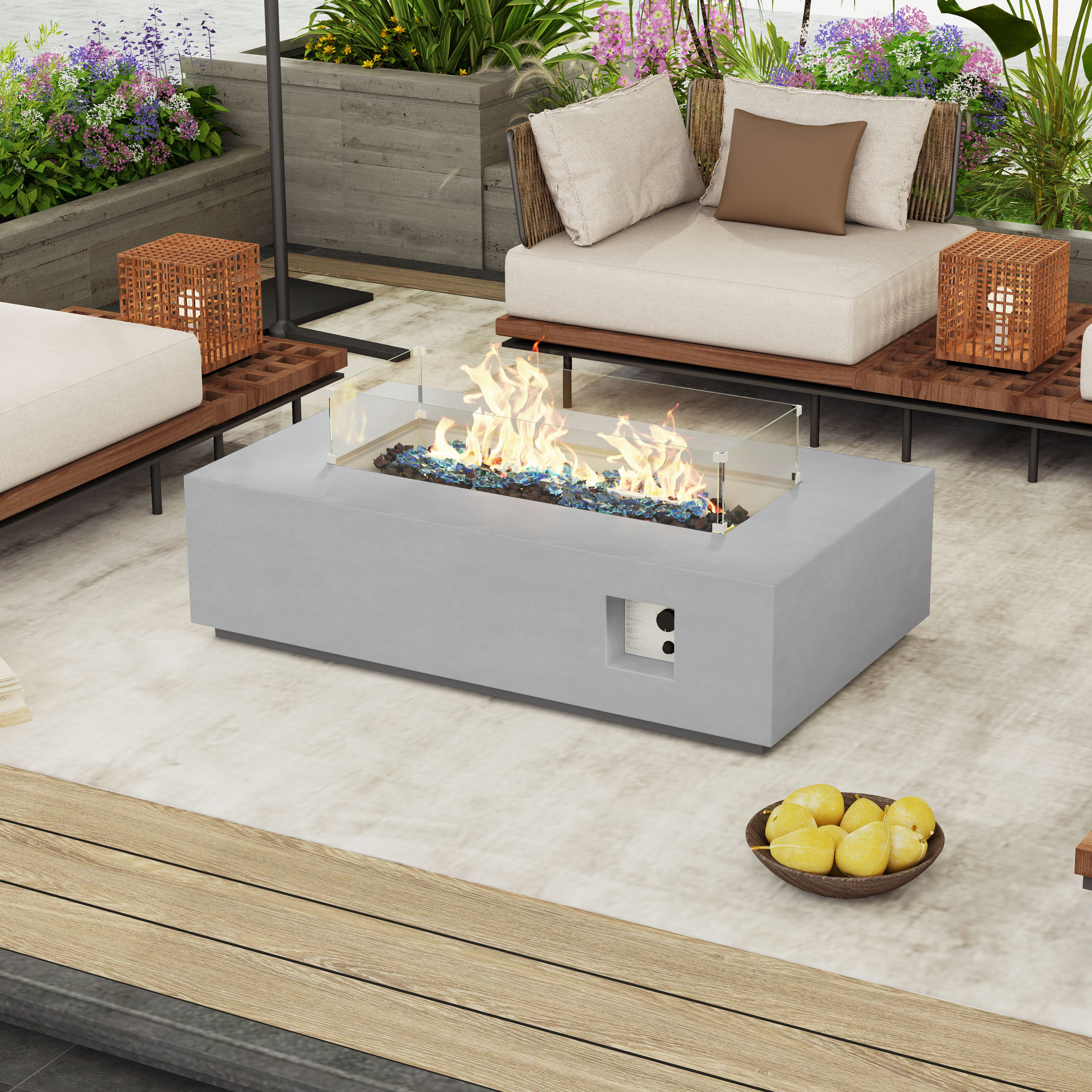Arlmont & Co. Outdoor Rectangular Concrete Fire Pit Table With Glass ...