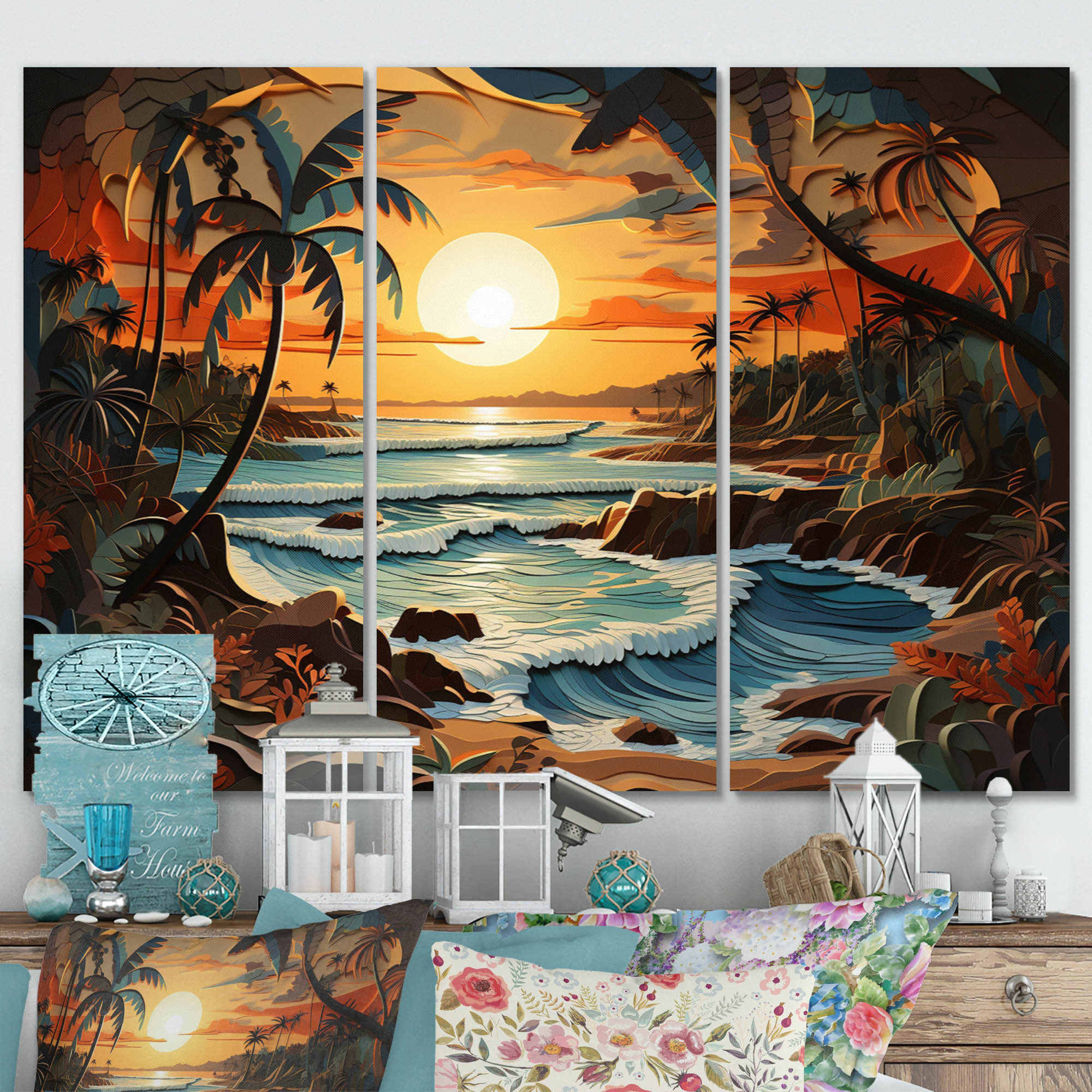 Highland Dunes Coastal Collage At Sunset I On Canvas 3 Pieces Print ...