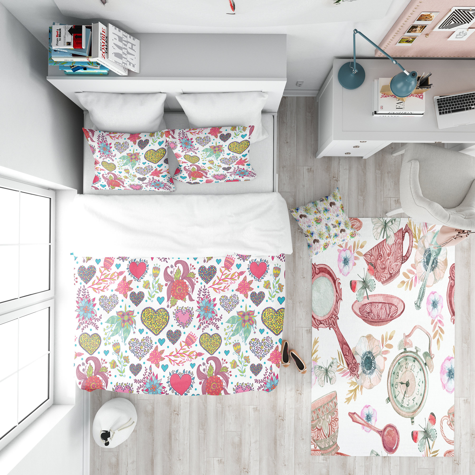 Design Art Beautiful Flowers & Hearts Pattern - Floral Modern Duvet ...