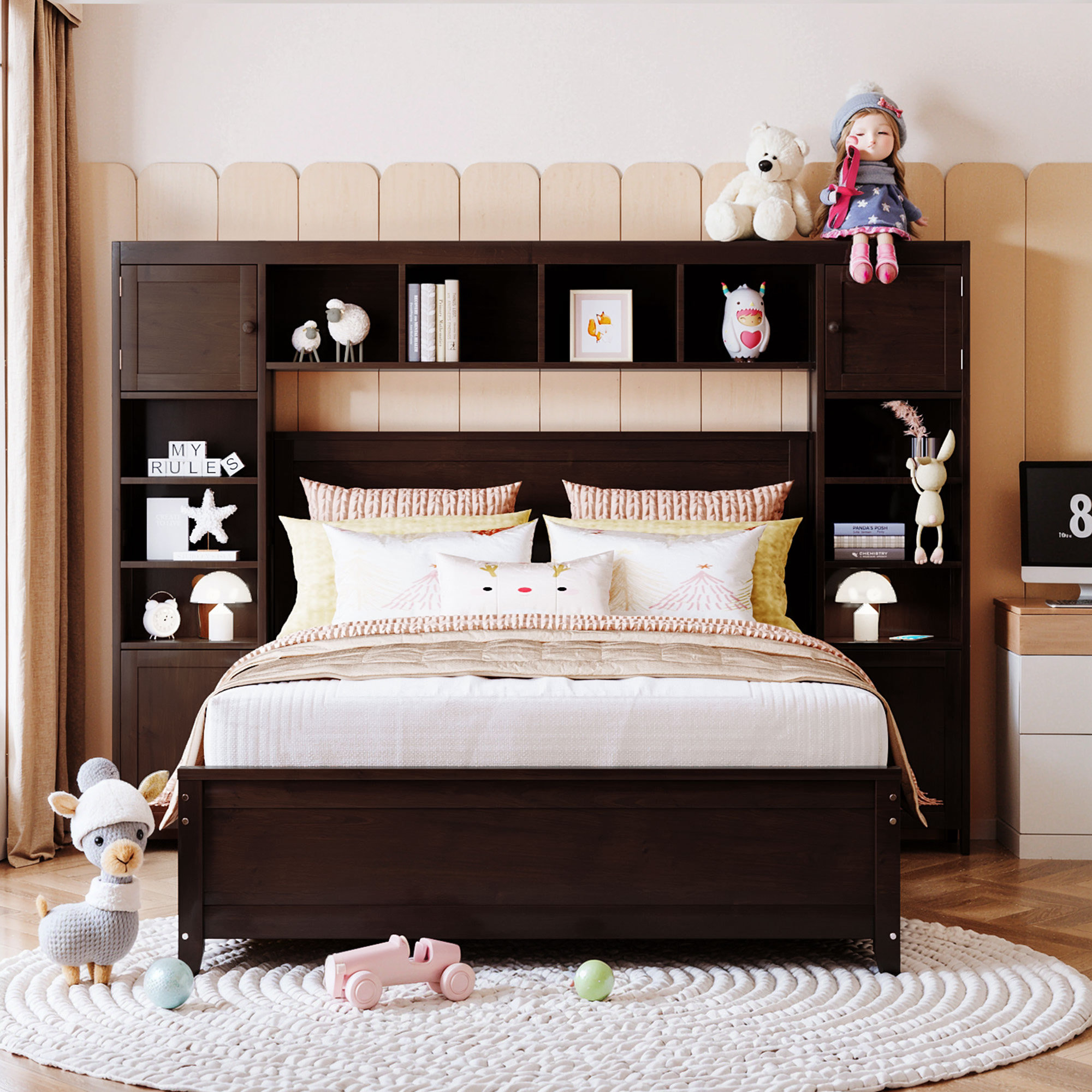 Latitude Run® Full Size Wooden Bed With All-In-One Cabinet And Shelf ...