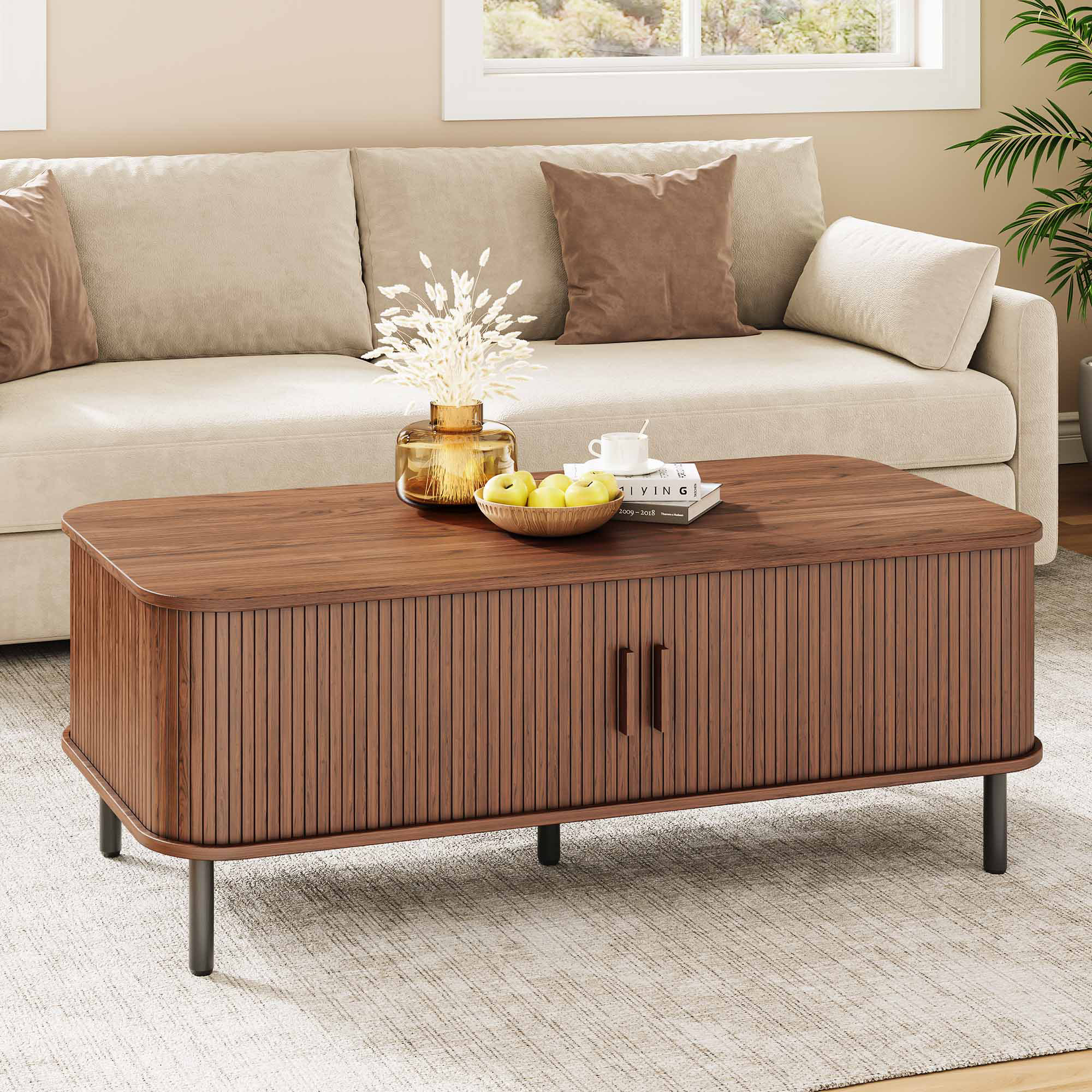 Ebern Designs Mid Century Modern Coffee Table With Sliding Tambour Door ...