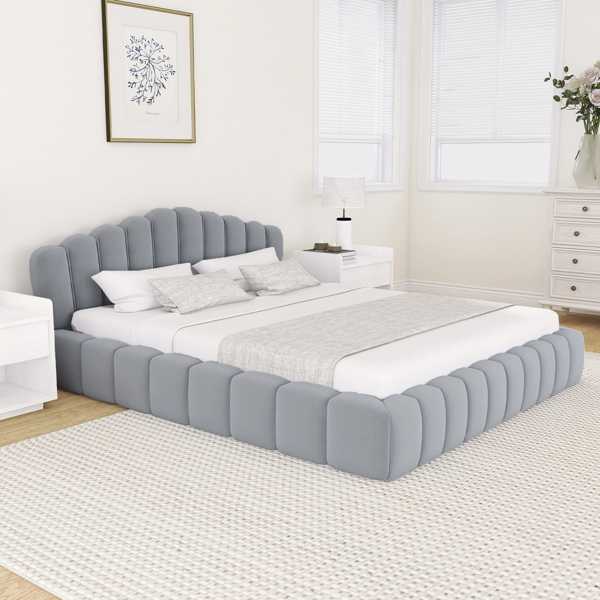 Magic Racks Queen Size Velvet Upholstered Bed Floor Bed Frame Shell ...