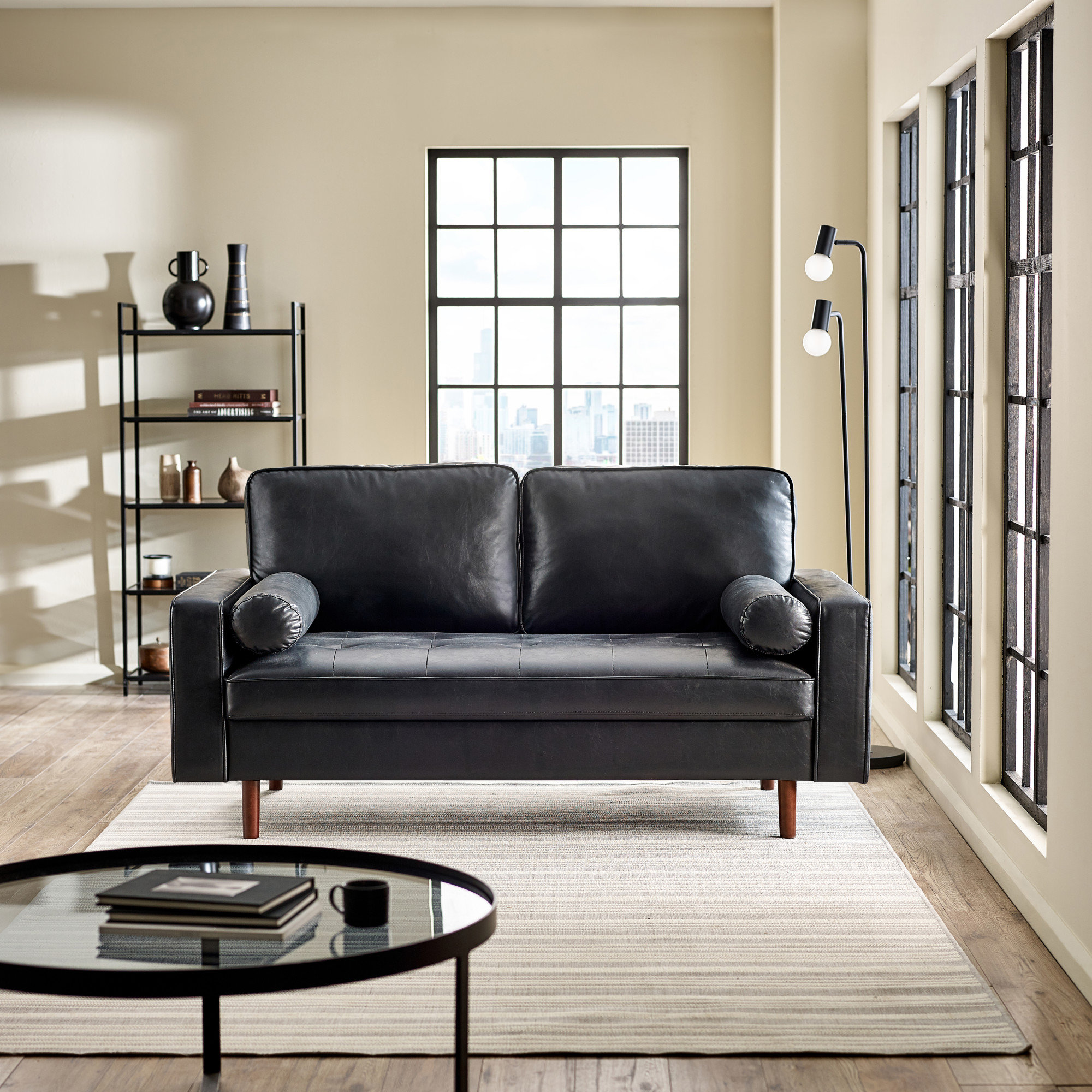 George Oliver Altmann 3 Seater Faux Leather Sofa with Bolsters ...