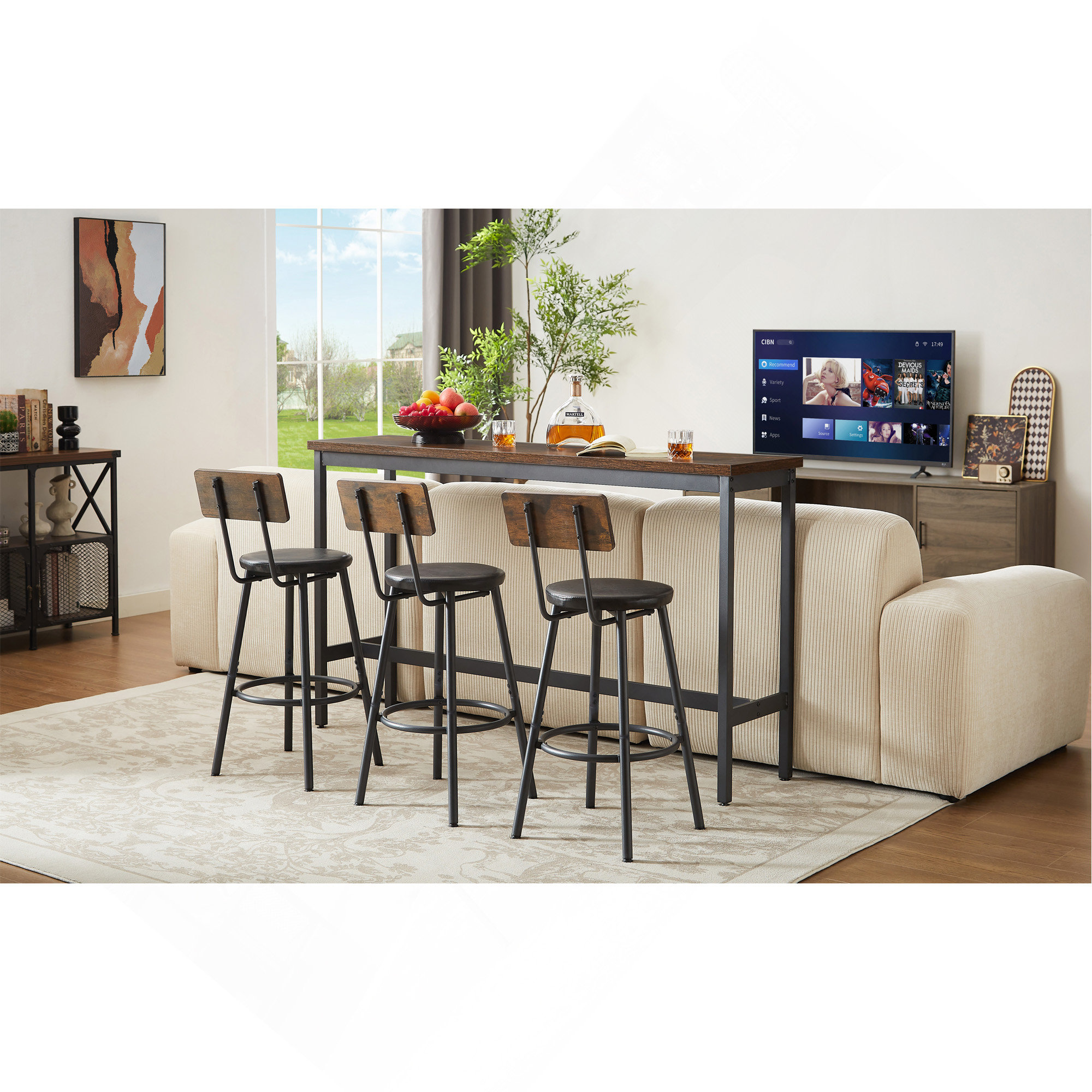 17 Stories Long Bar Table Set With 3 PU Upholstered Bar Stools ...