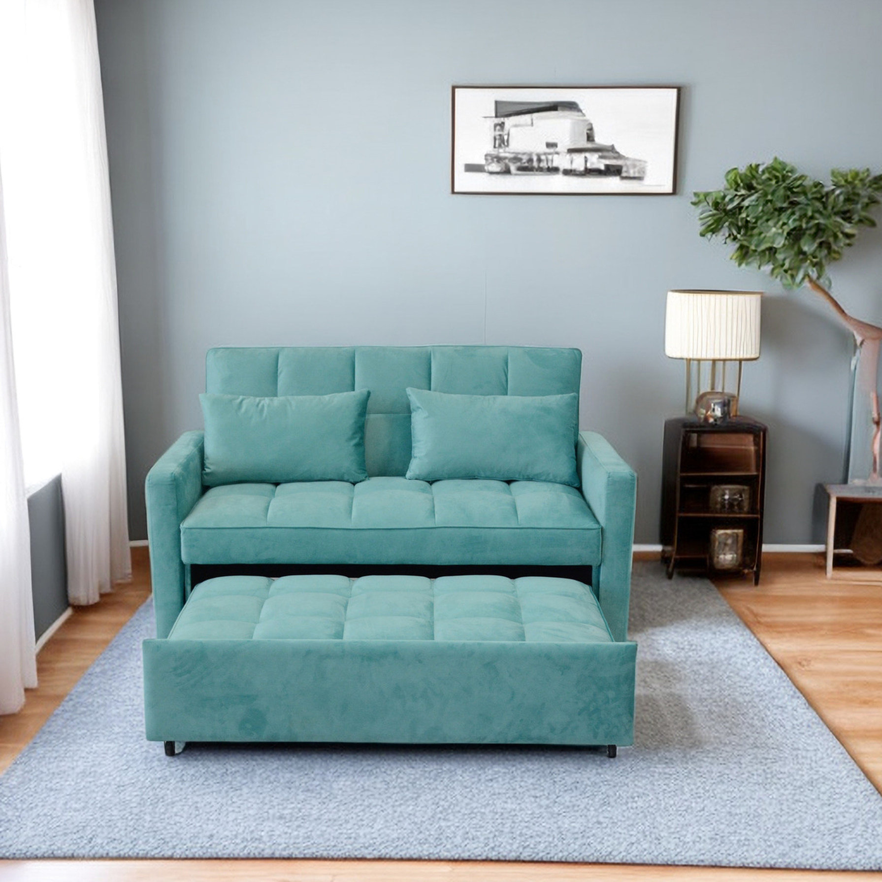 Ebern Designs Modern Velvet Sleeper With Square Arms And Easy Assembly ...