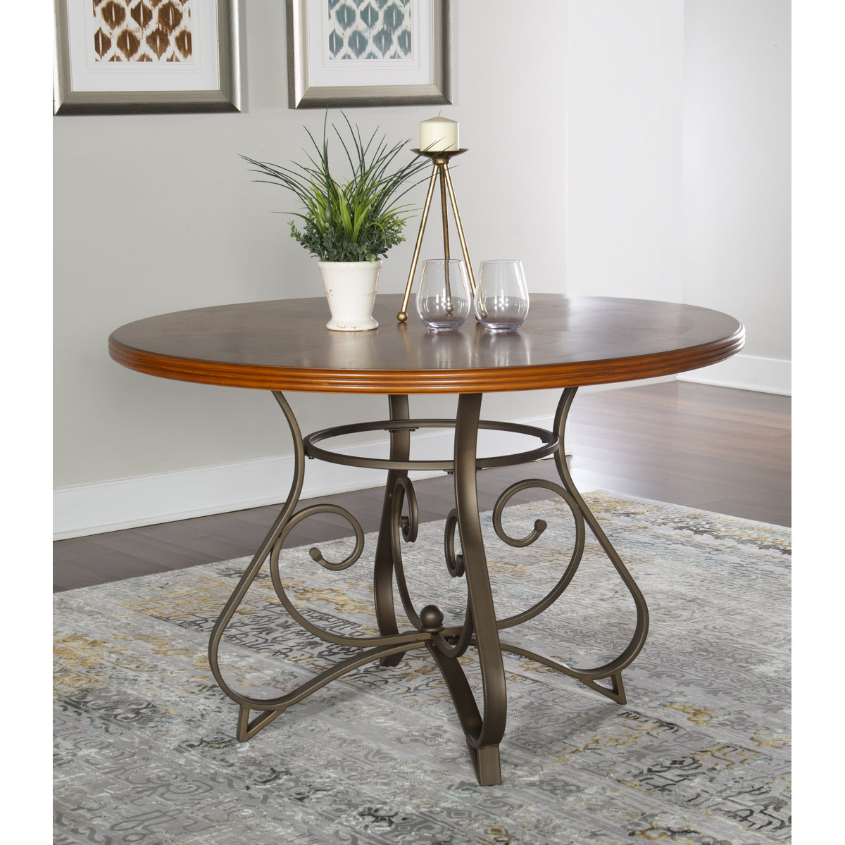 Winston Porter Jefferson 45” Round Wood Top Metal Base Dining Table ...