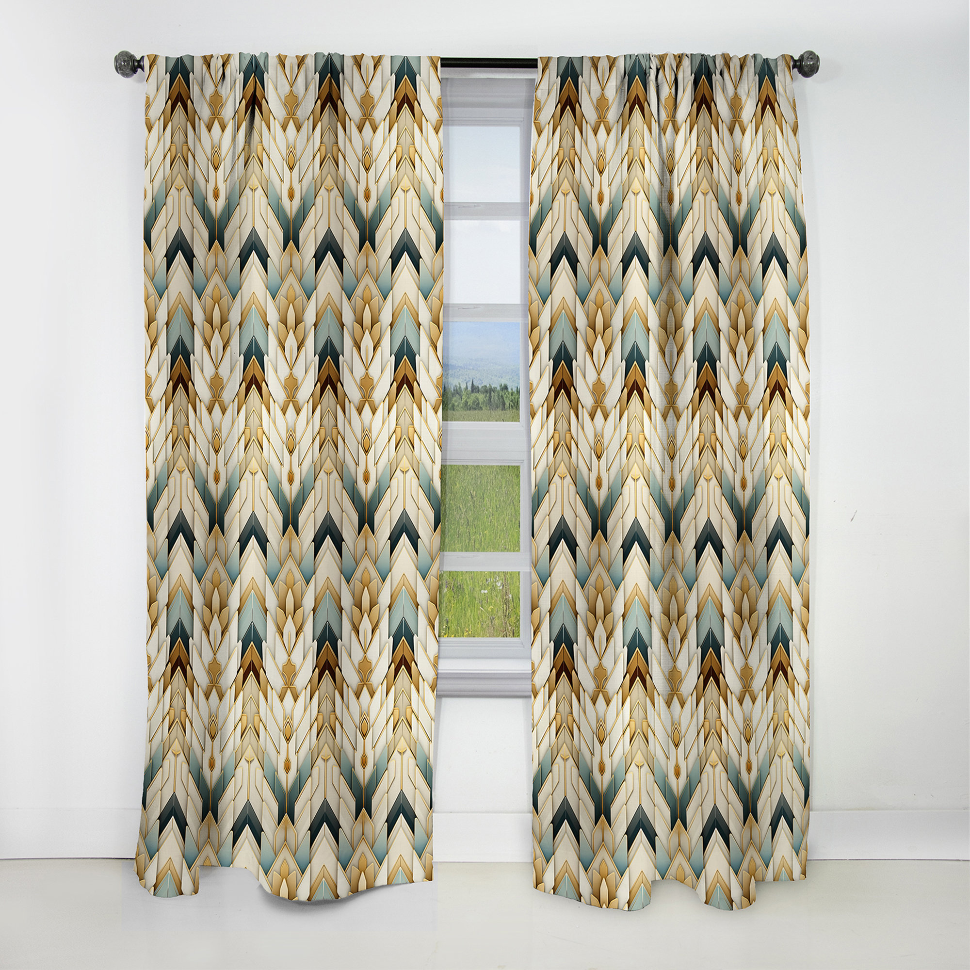 Design Art Golden And Blue Splendor Chevron Pattern - Chevron Curtain ...