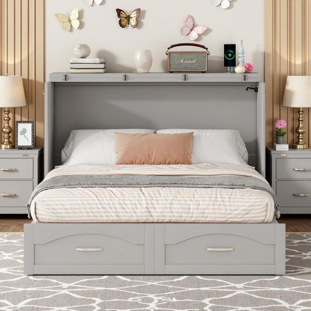 Red Barrel Studio Full Size White Murphy Bed Wall Bed with USB Ports ...