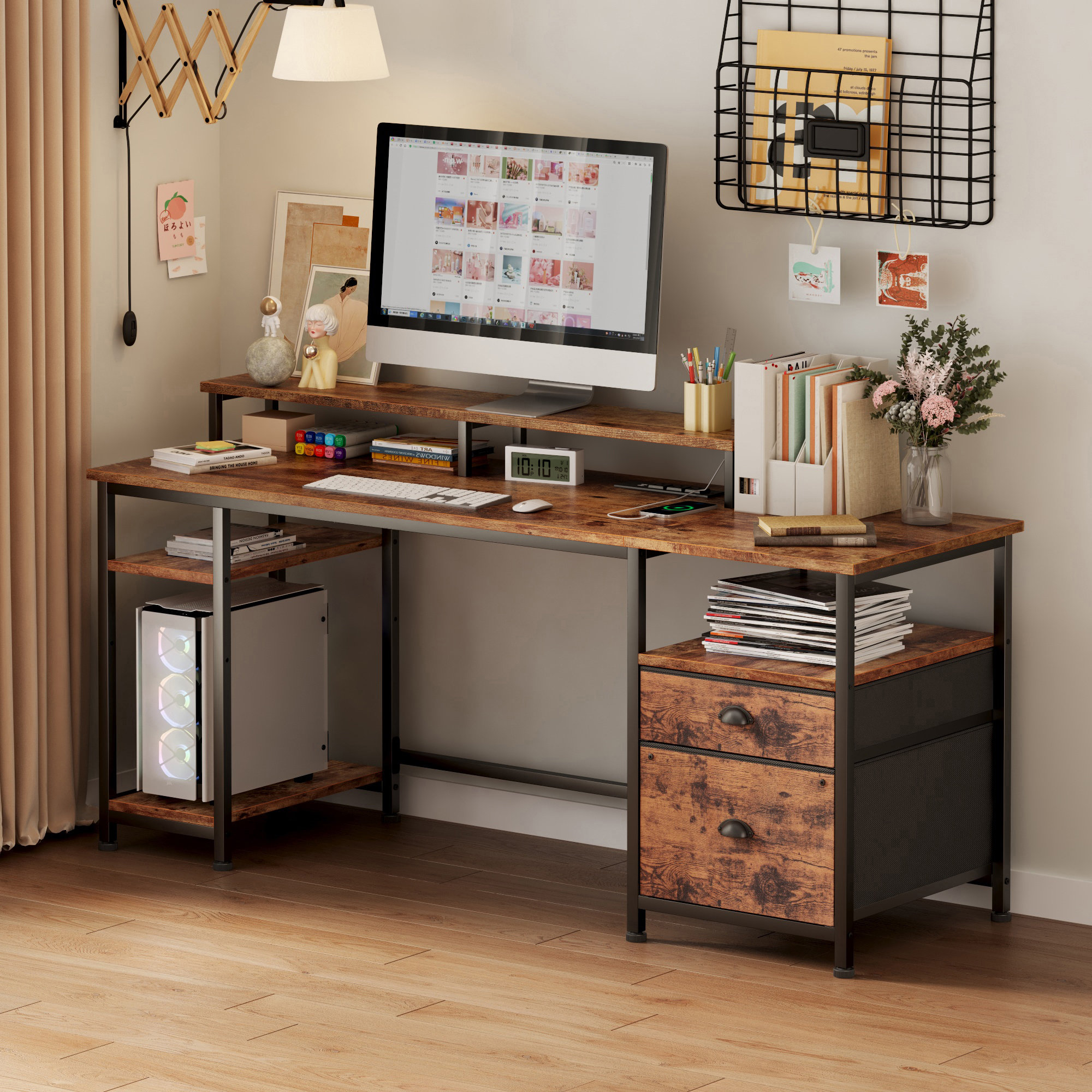 Furco 61'' Computer Desk with 2 Monitor Stands, Study Computer Table ...