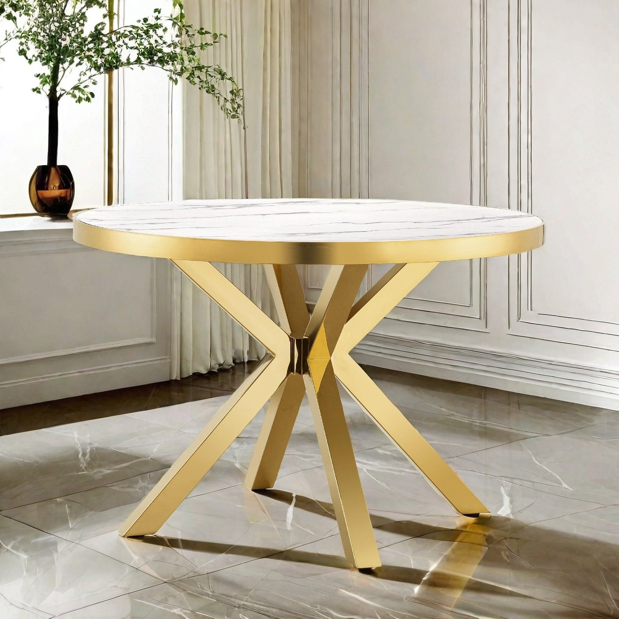 Mercer41 45" Round Dining Table, Gold Round Table for Dining Room ...