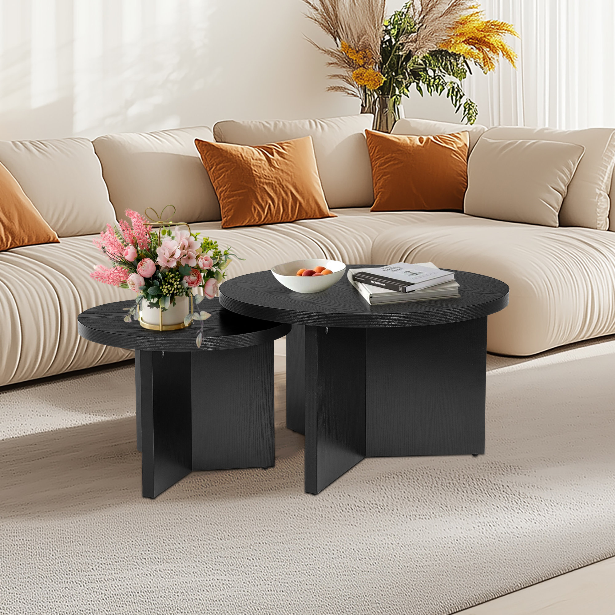 Ebern Designs 2-Piece Living Room Round Coffee Table Set, Modern ...