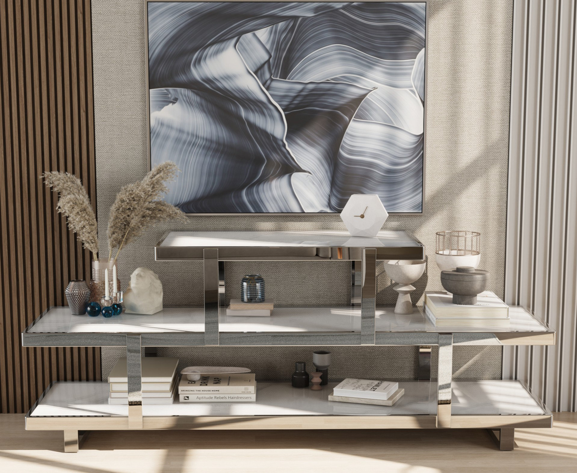 Ivy Bronx 3 Tier Mirrored Silver TV Stand Entertainment Center | Wayfair