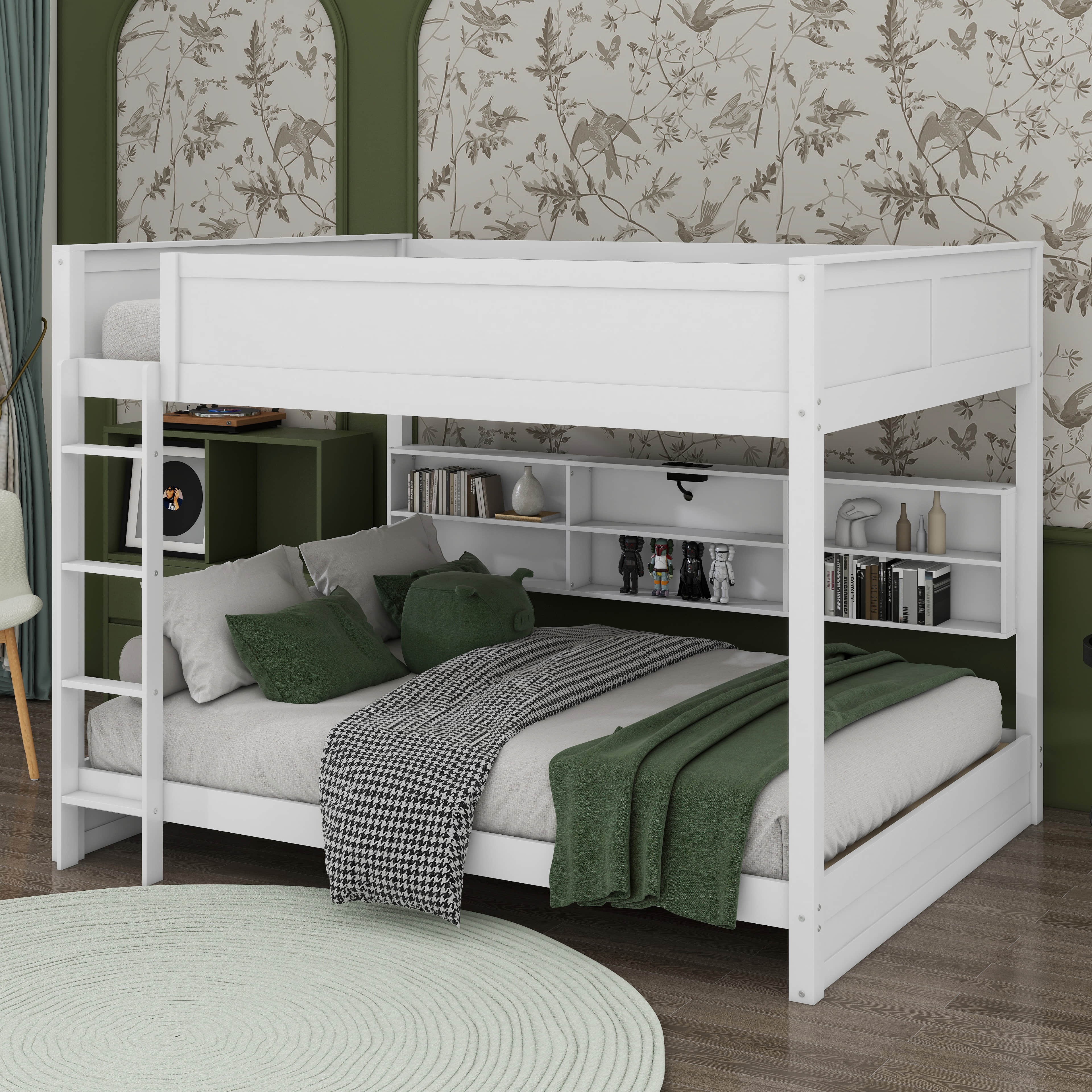 Harriet Bee Queen Over Queen Bunk Bed With Storage Cabinets And USB ...