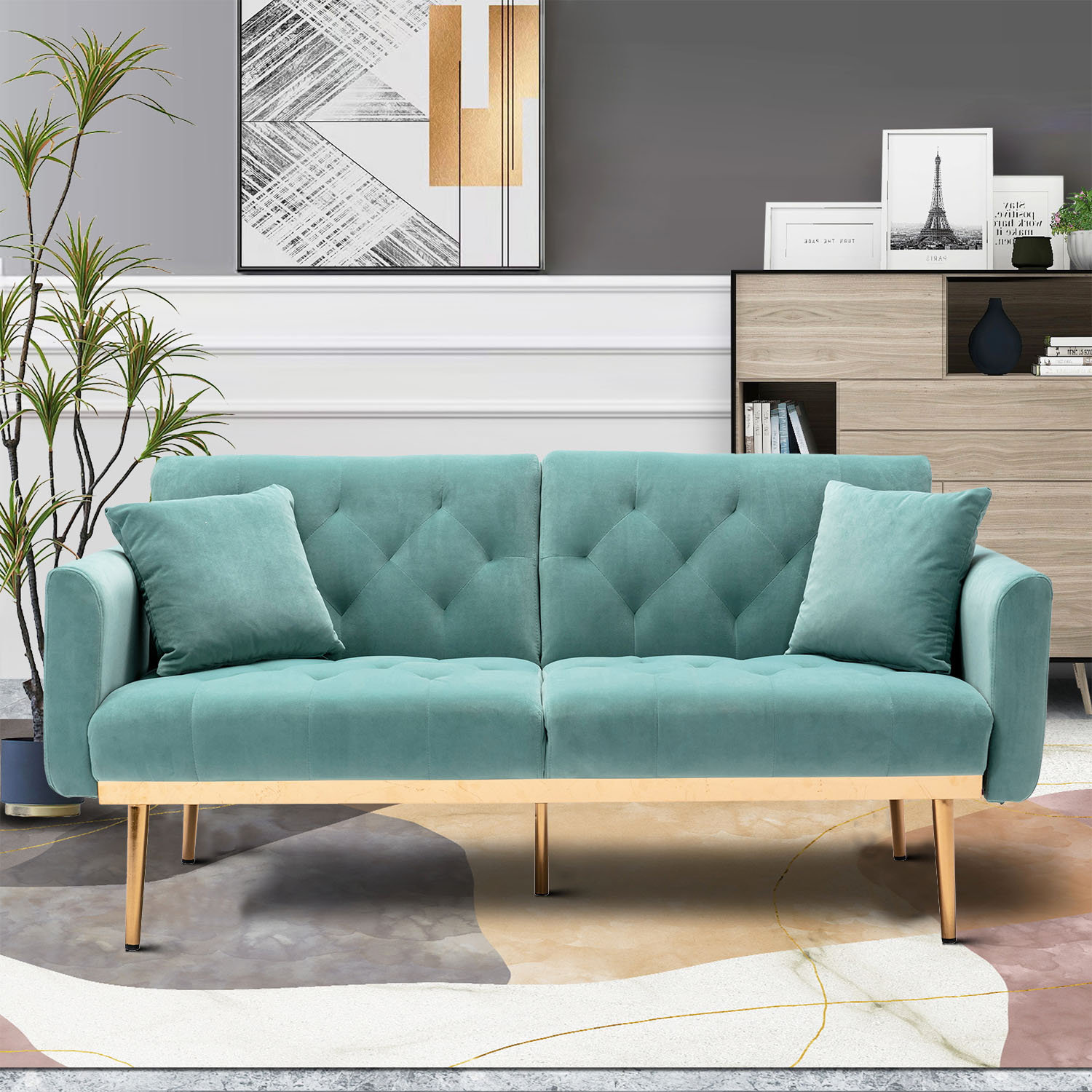 DNUJELOOP Velvet Upholstered Split Back Convertible Futon Sofa Bed With ...