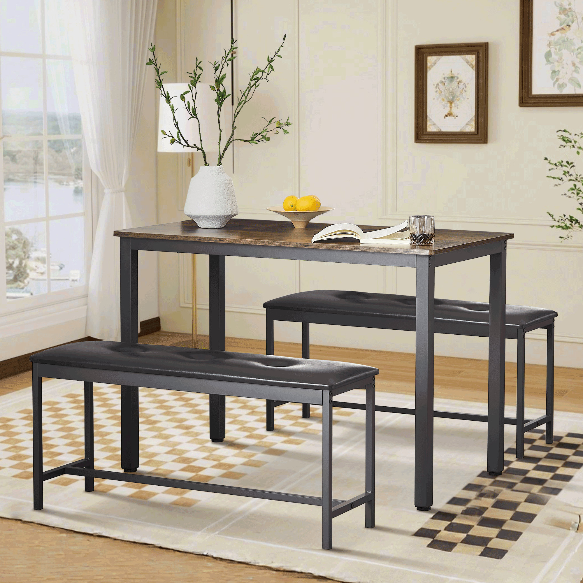 17 Stories Prestia Industrial Dining Table Set w/Rustic Brown Finish ...