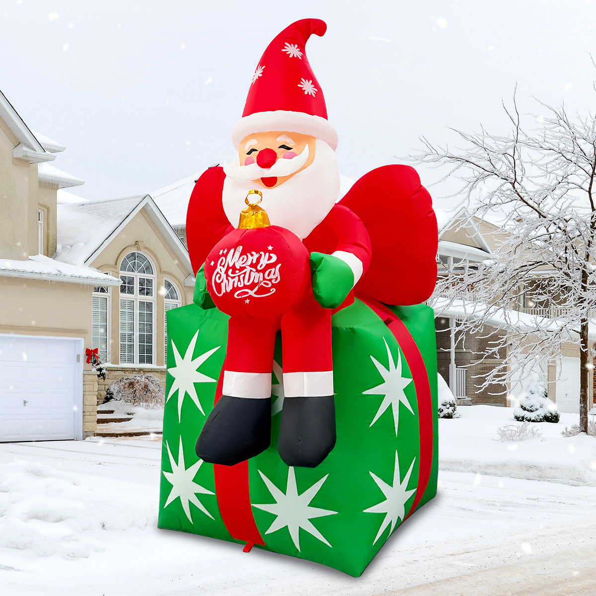 The Holiday Aisle® 6 Ft Christmas Inflatable Santa Sitting On Gift Box ...