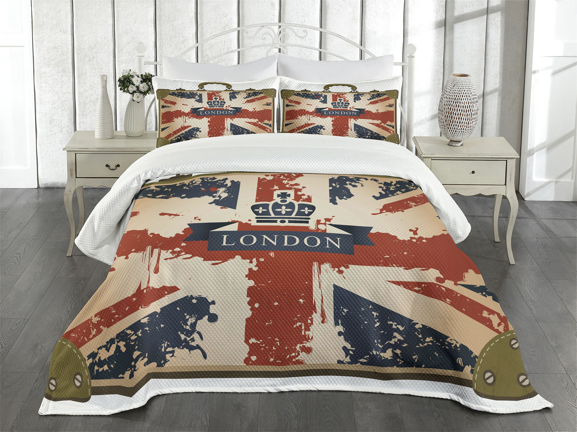 Ambesonne Union Jack Bedspread Set Vintage London Flag Art Dark Blue ...